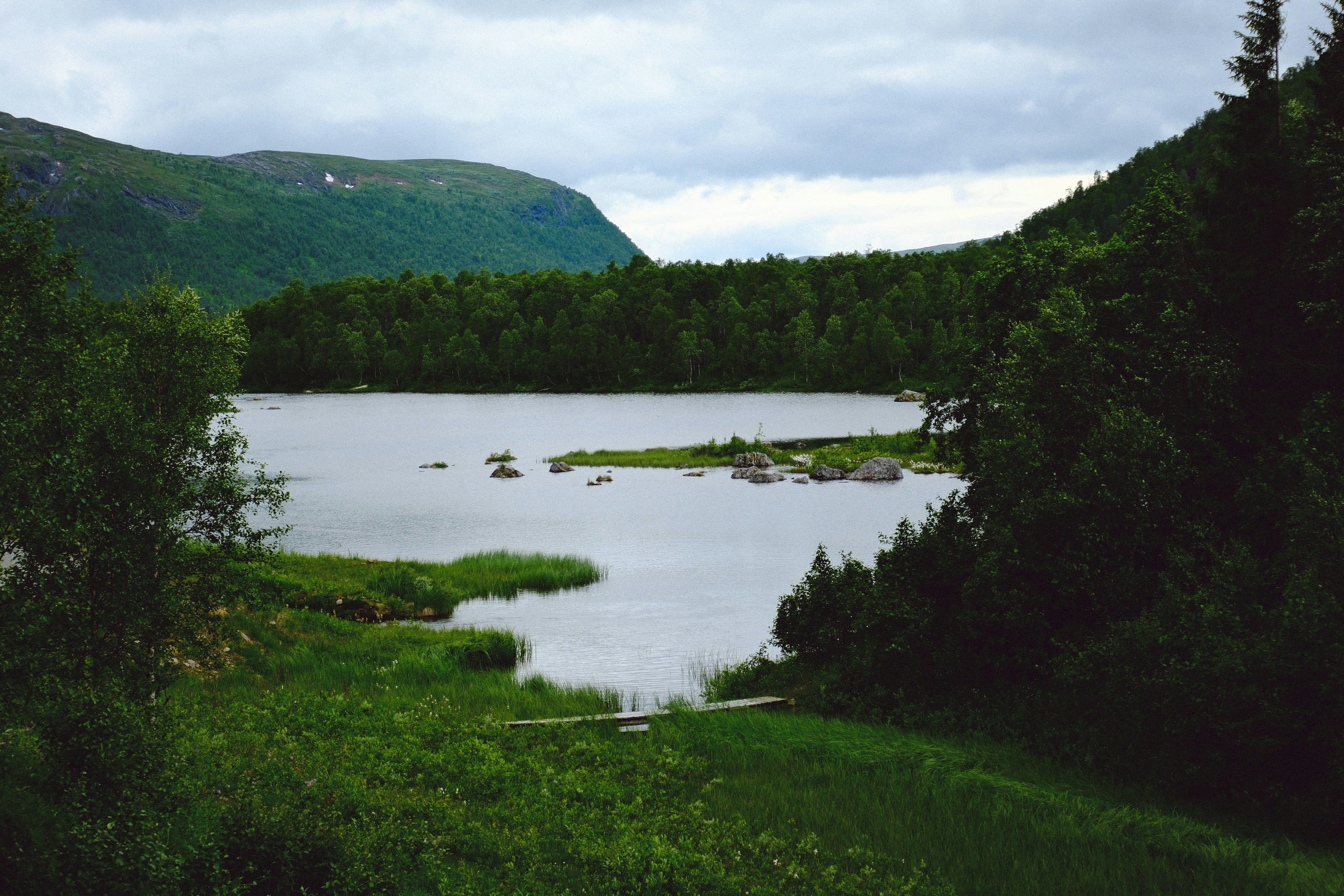 Quiet lake scene framed by green hills and a tree-lined shore, with rocks and small islets across calm water. A tranquil landscape emphasizing natural beauty and depth.