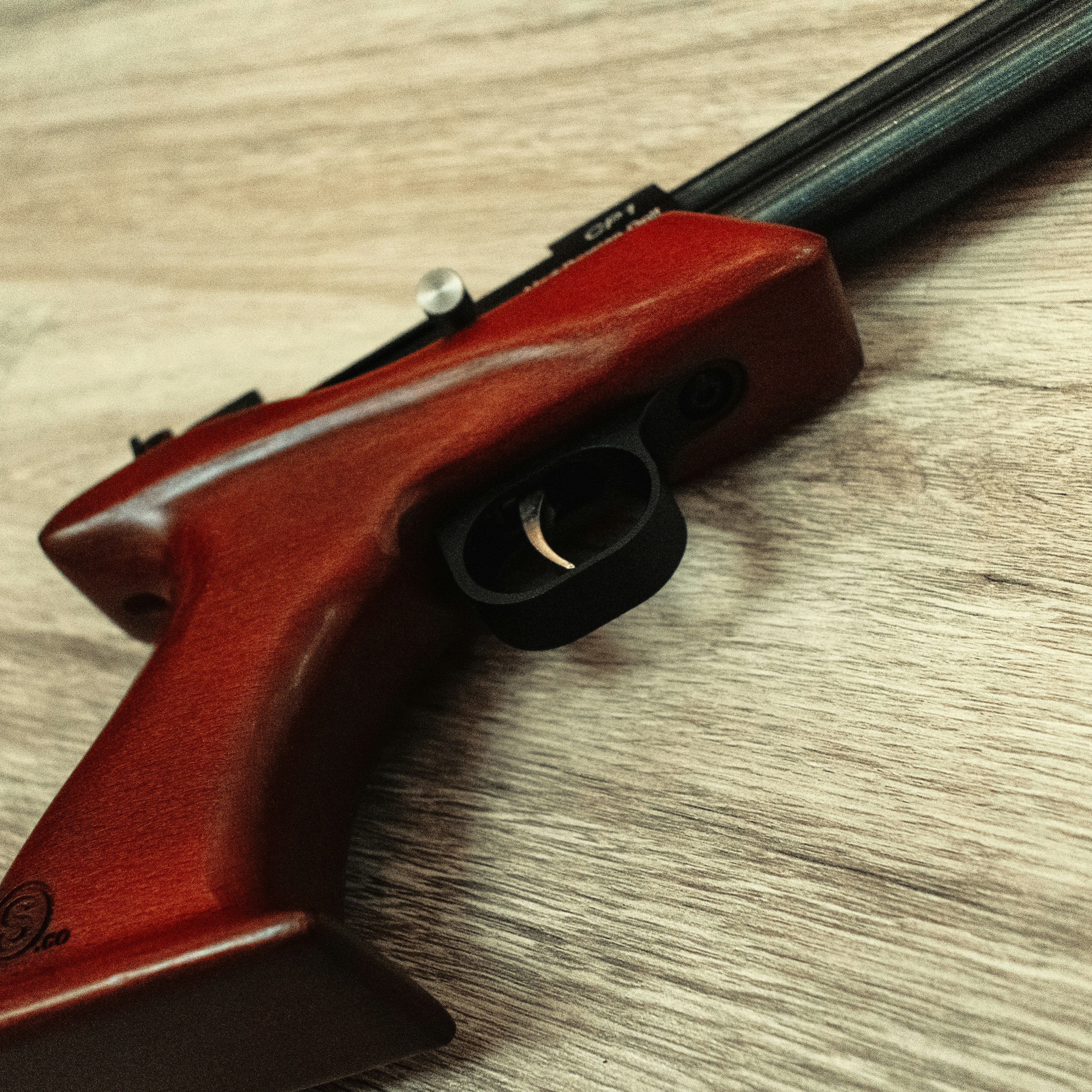 Breech of Form: A Close-Up of a Wooden Grip and Trigger Mechanism