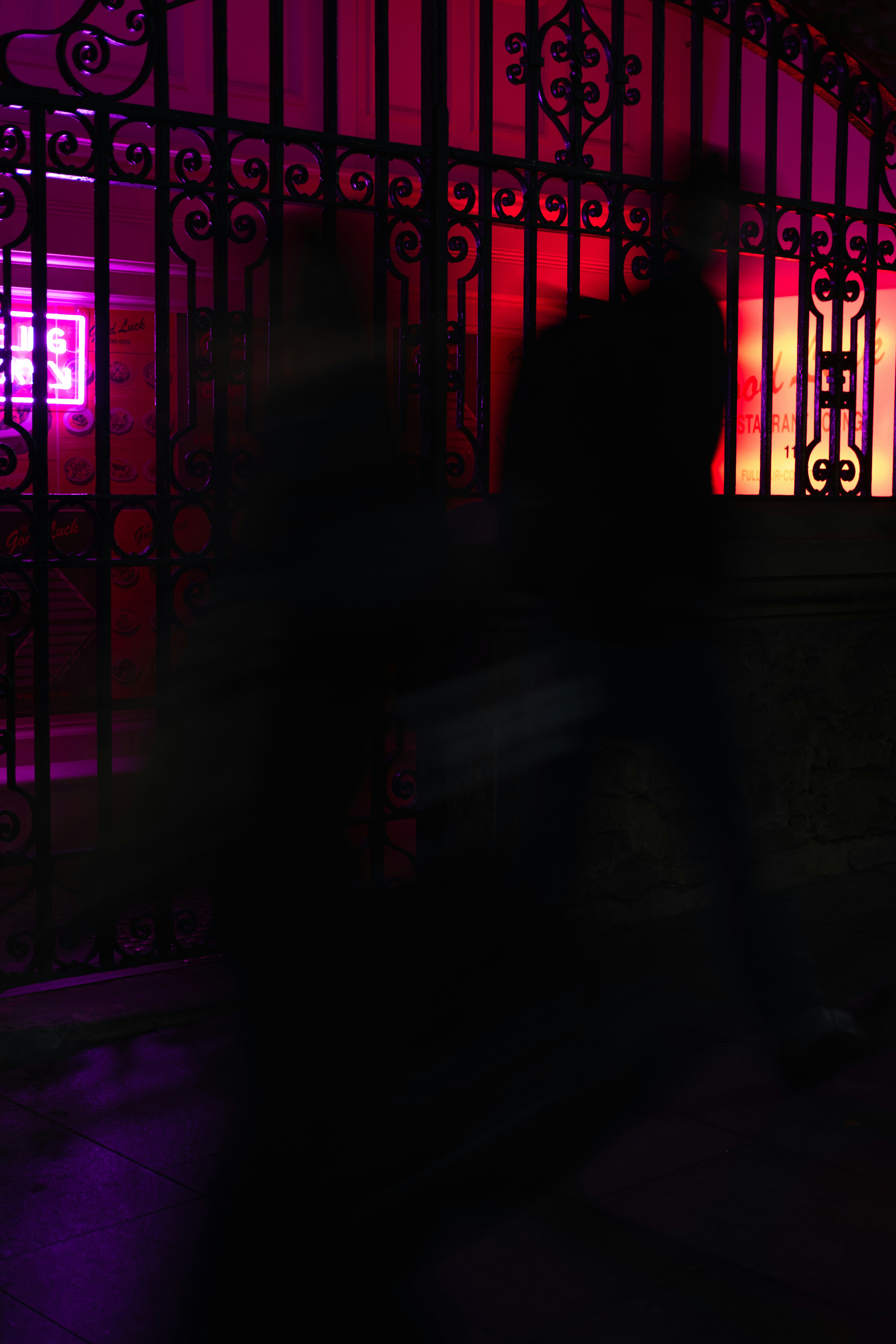 Neon Gate: Shadows in Motion