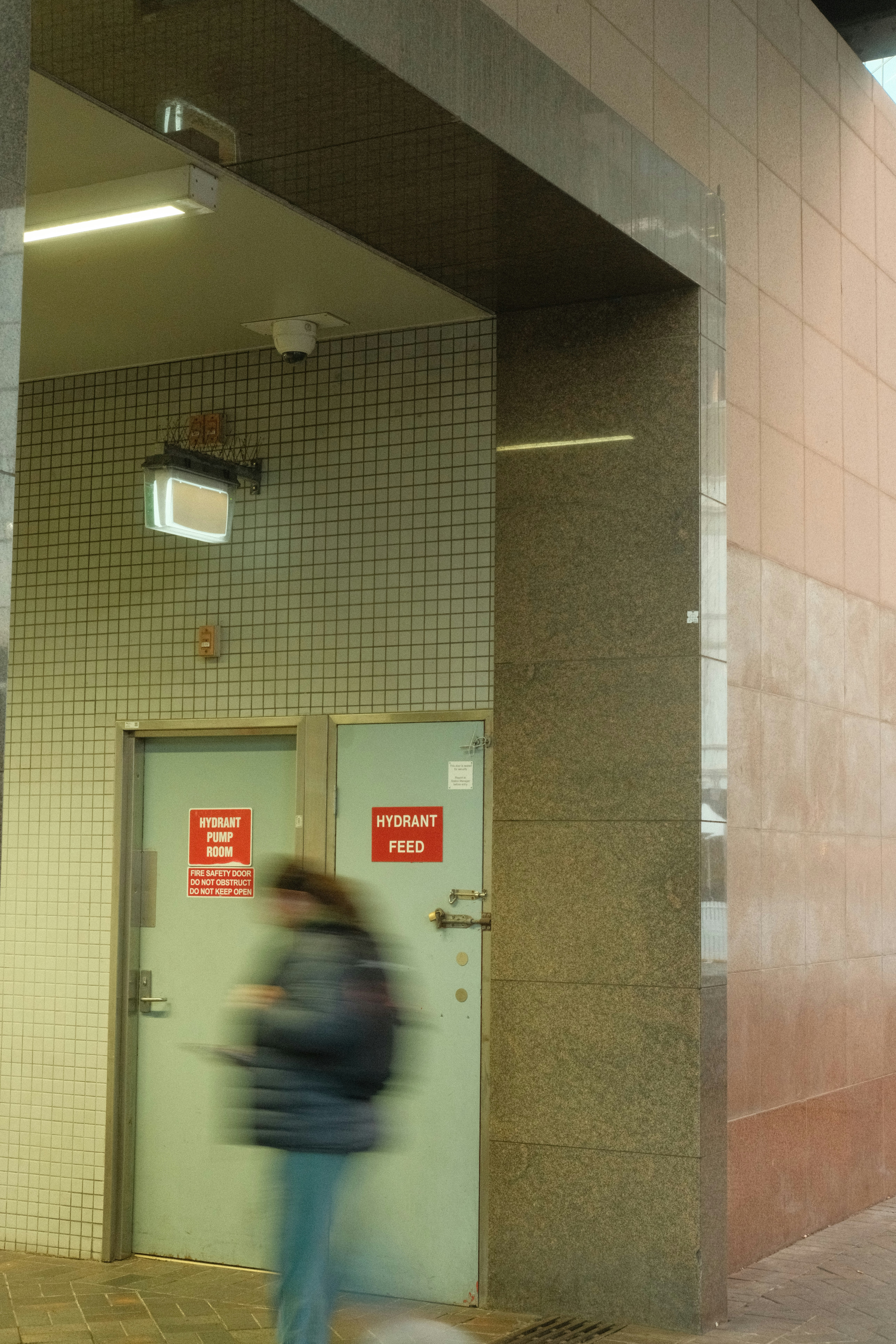 Blurred Traveler at a Hydrant Corner