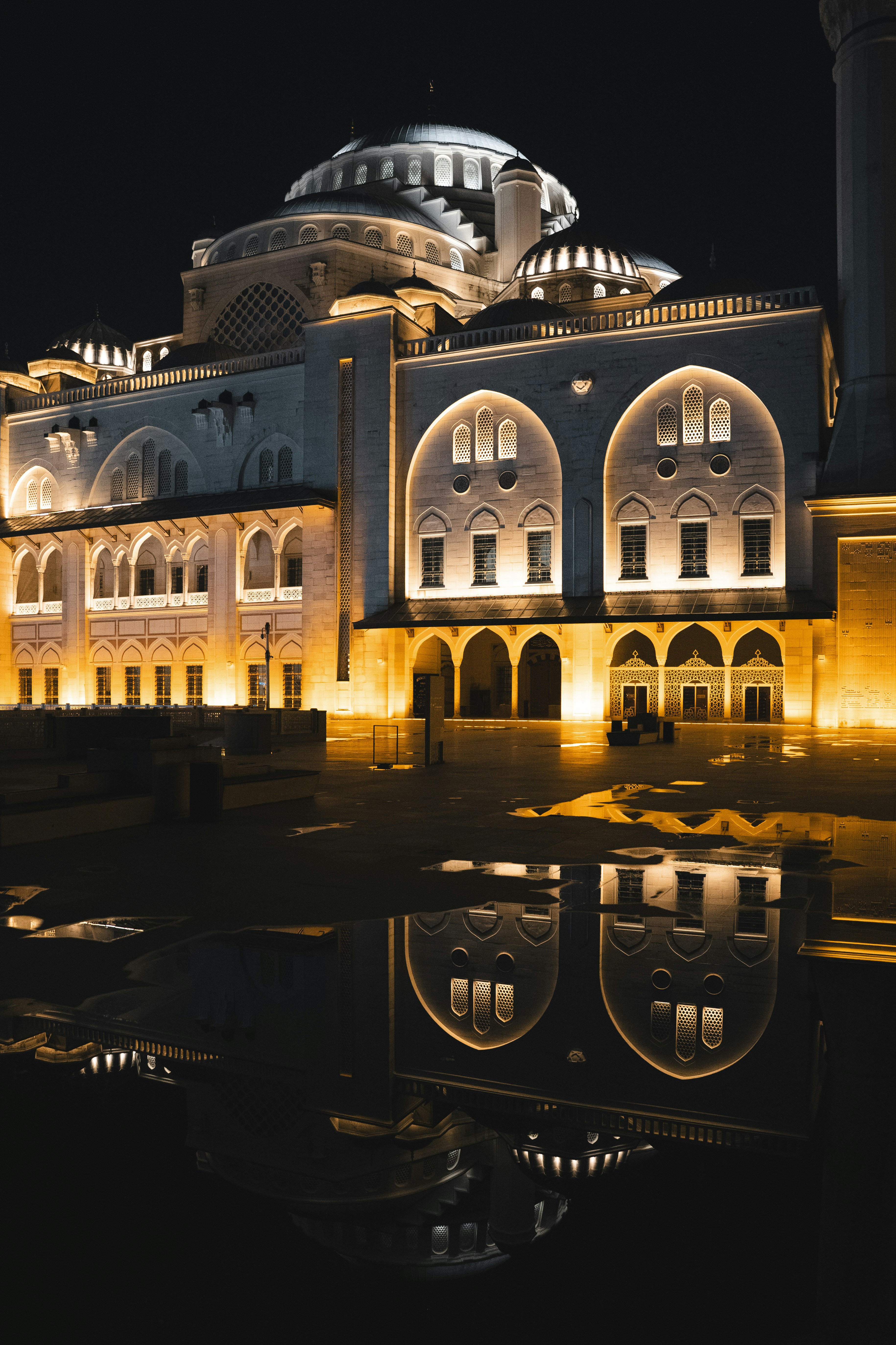 Golden Reflections: Nighttime Symmetry of a Turkish Mosque Complex