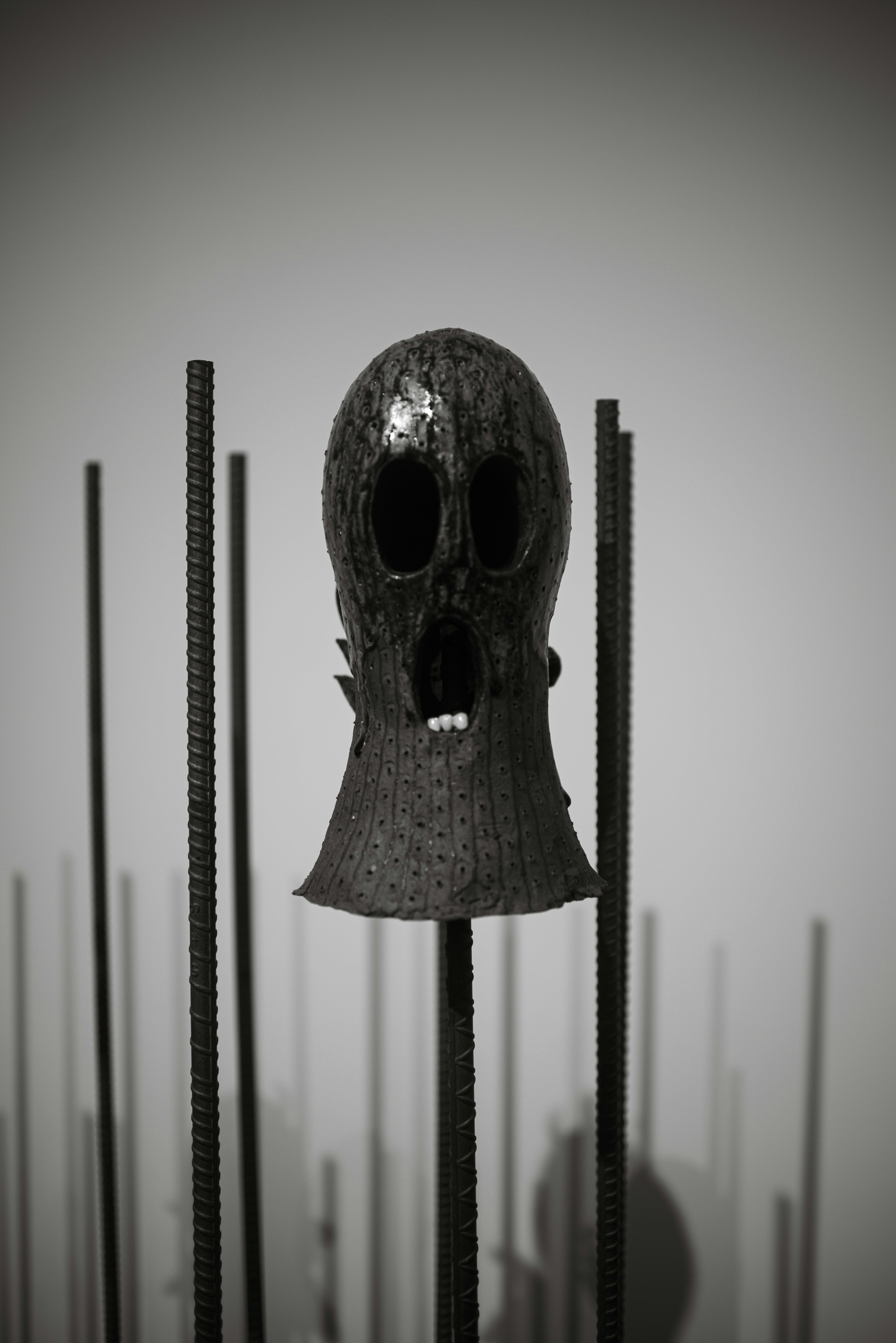 Masked Silence: A solitary sculpture in a field of steel ribs