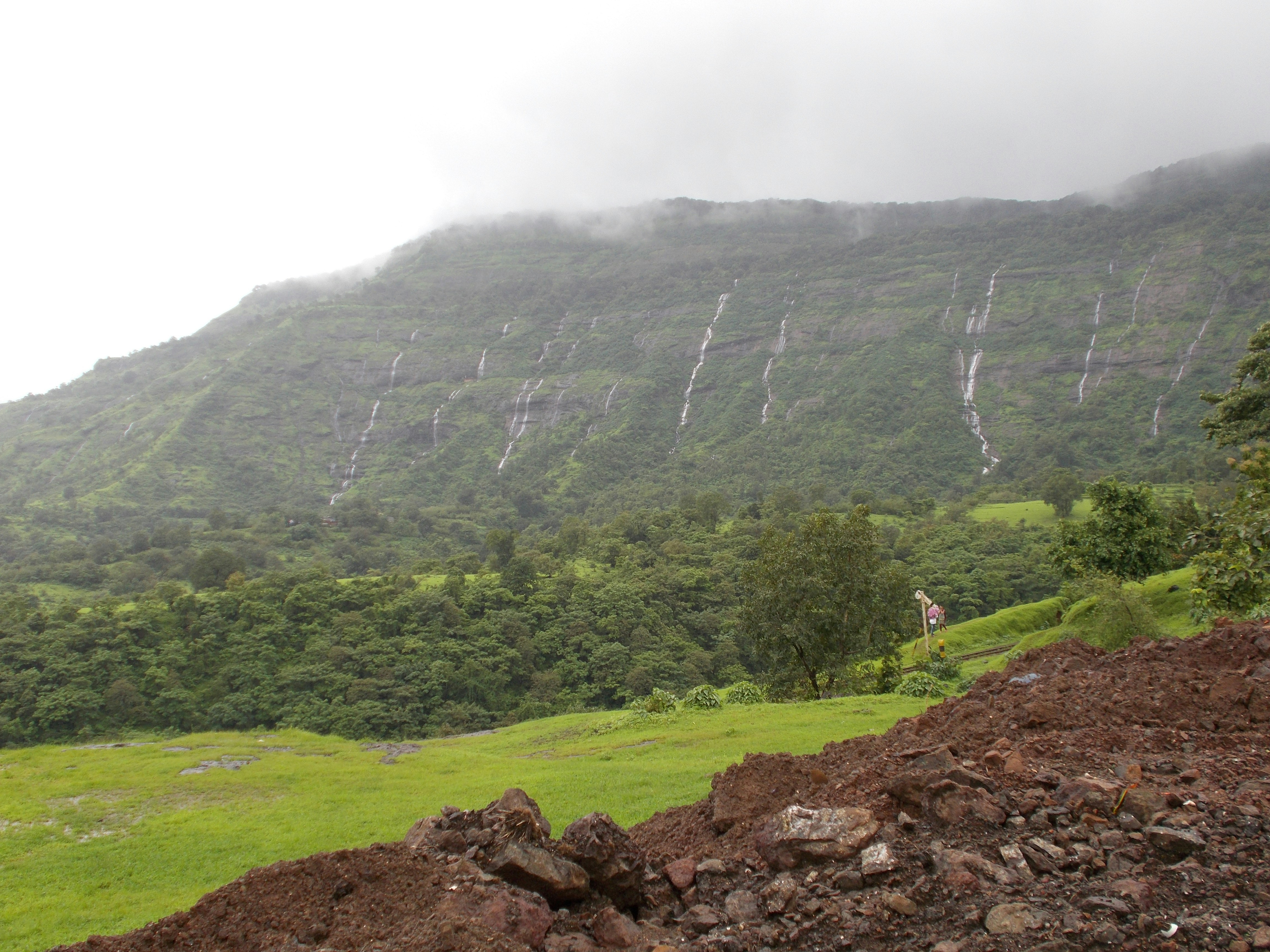 Mist over the terraced hillside with cascading streams