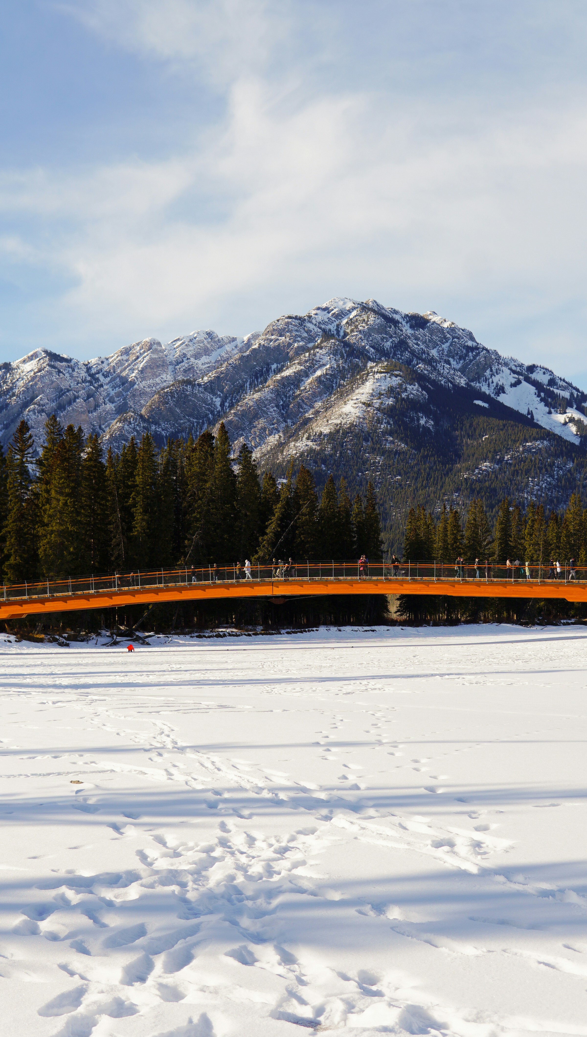 Icebound Span: A Winter Crossing beneath Snow-capped Peaks