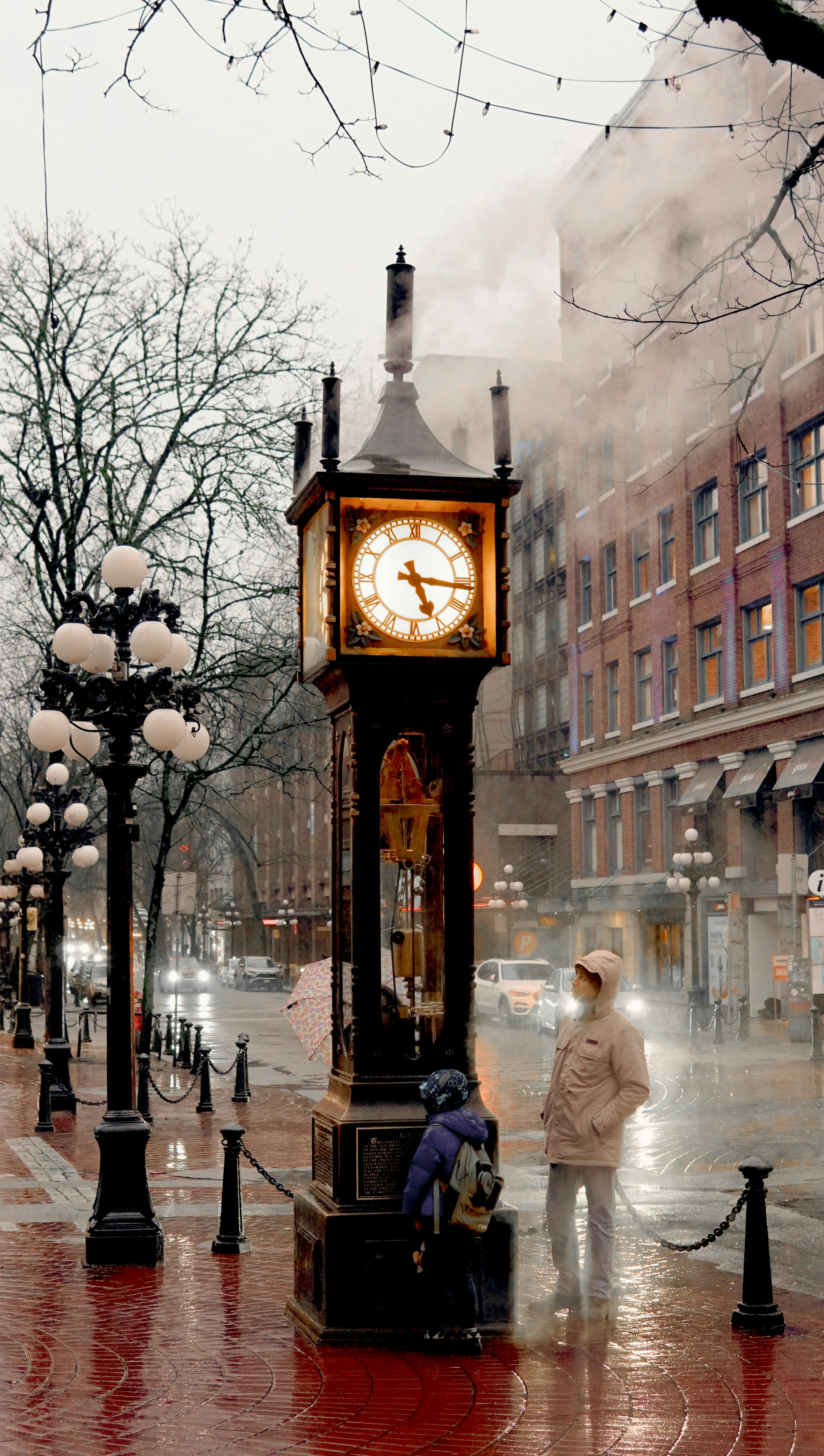 Steam-kissed Clock on a Pedestrian Boulevard in Winter Rain
