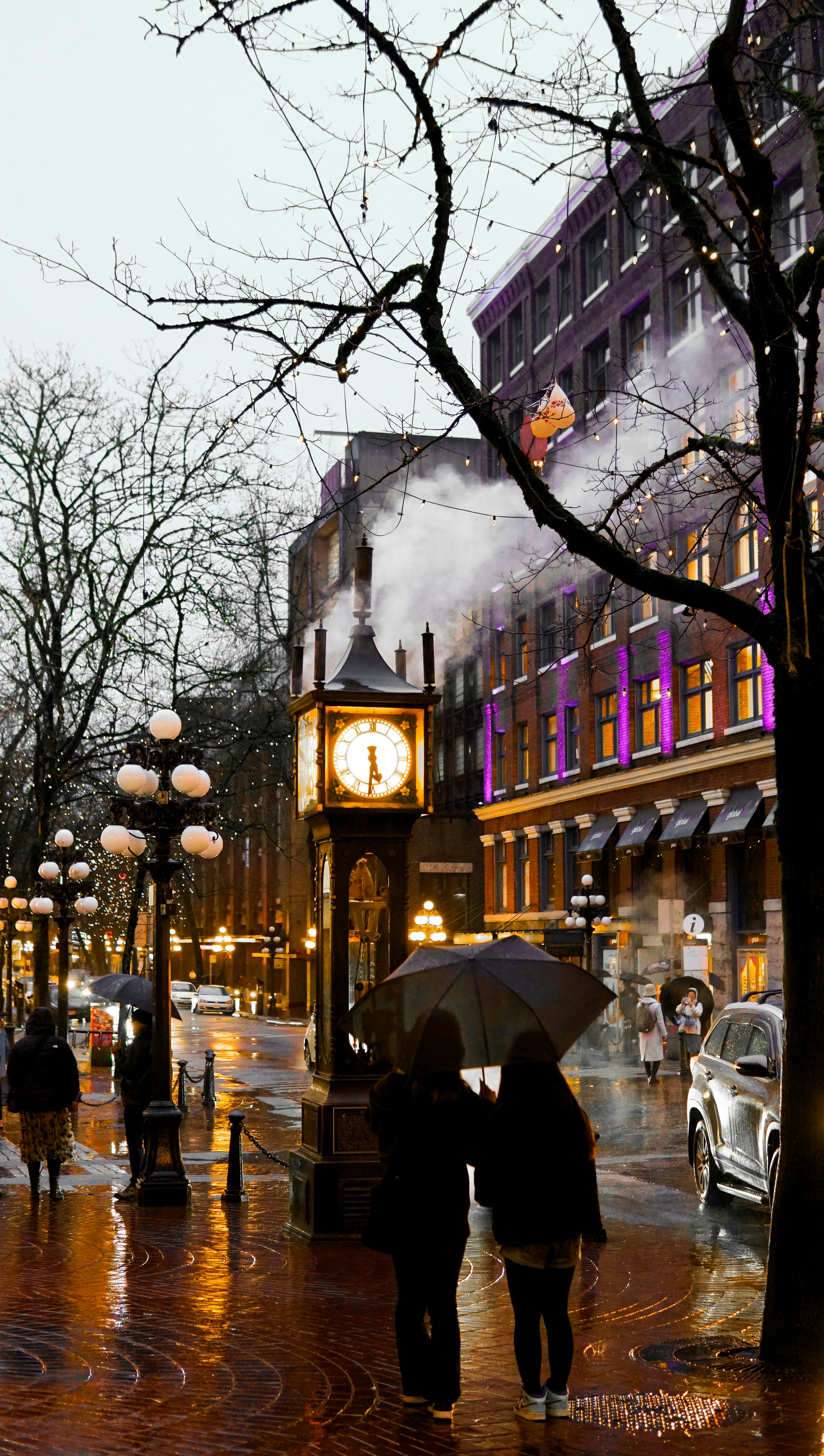 Wharf Clock in the Rain: Neon Glow over a Cobbled Street