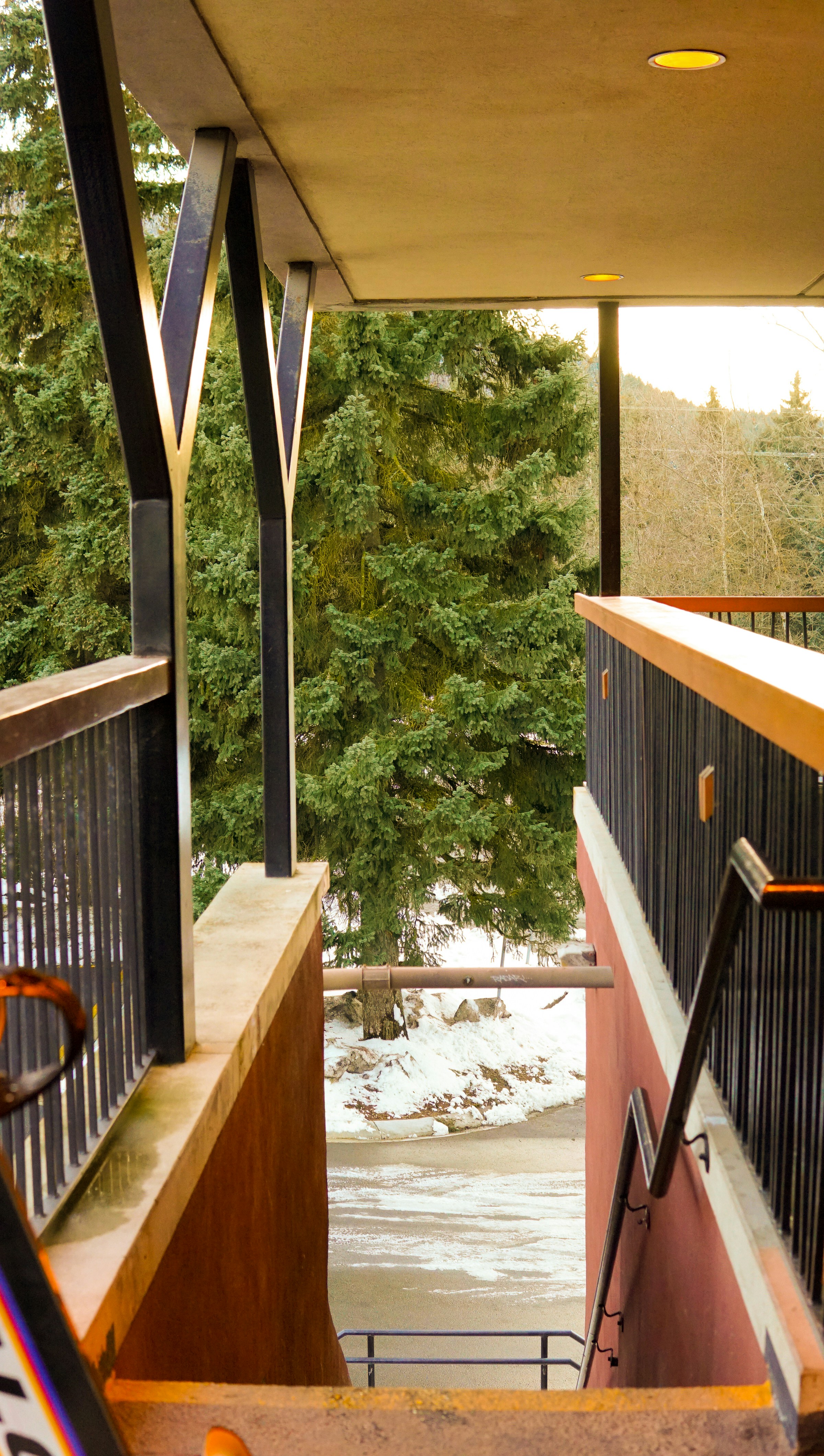 Balcony Overlook: Steel Beams Framing a Winter Terrace