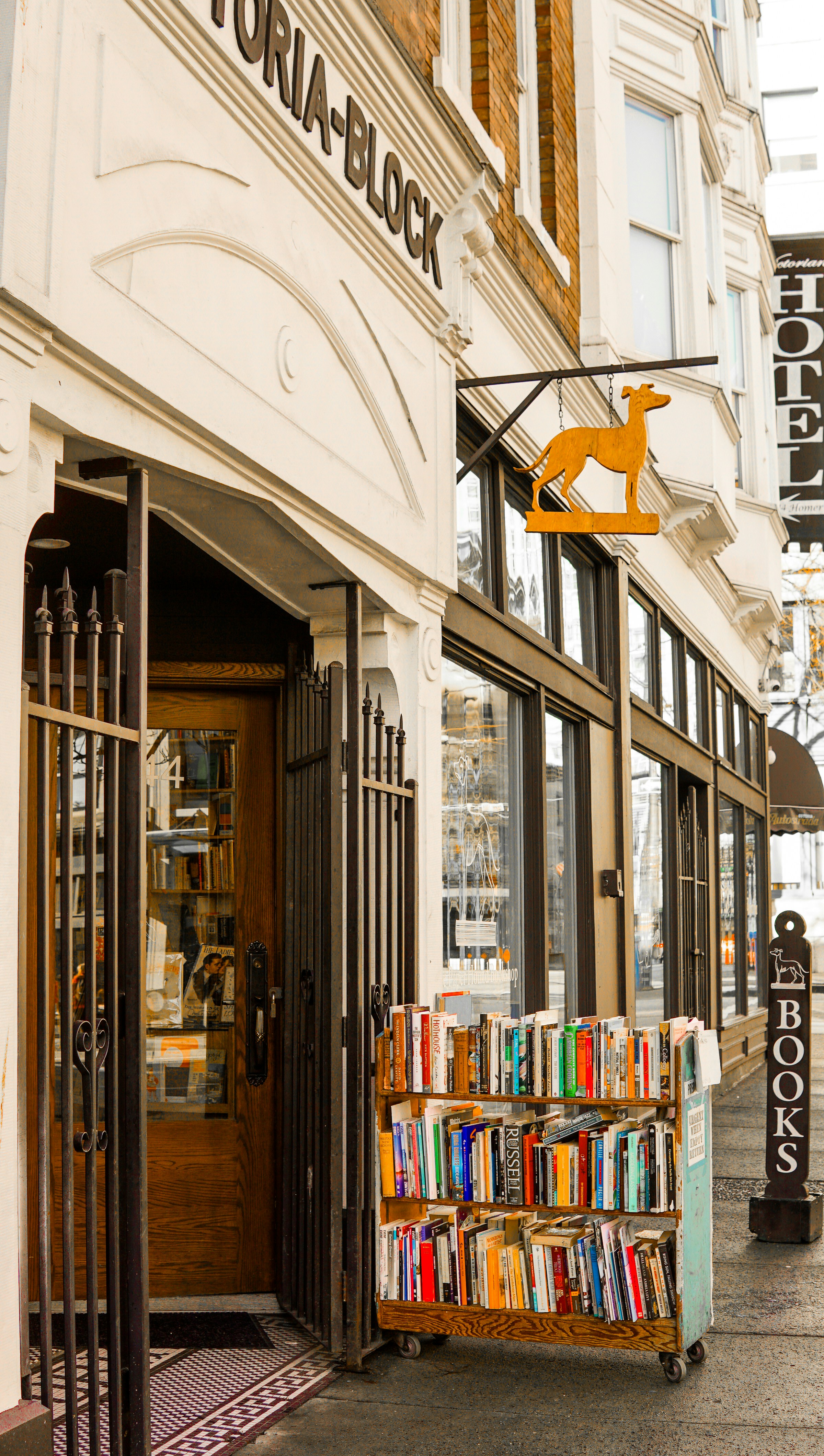 Golden Cat Sign Over a Quaint Bookshop on a Bustling Street