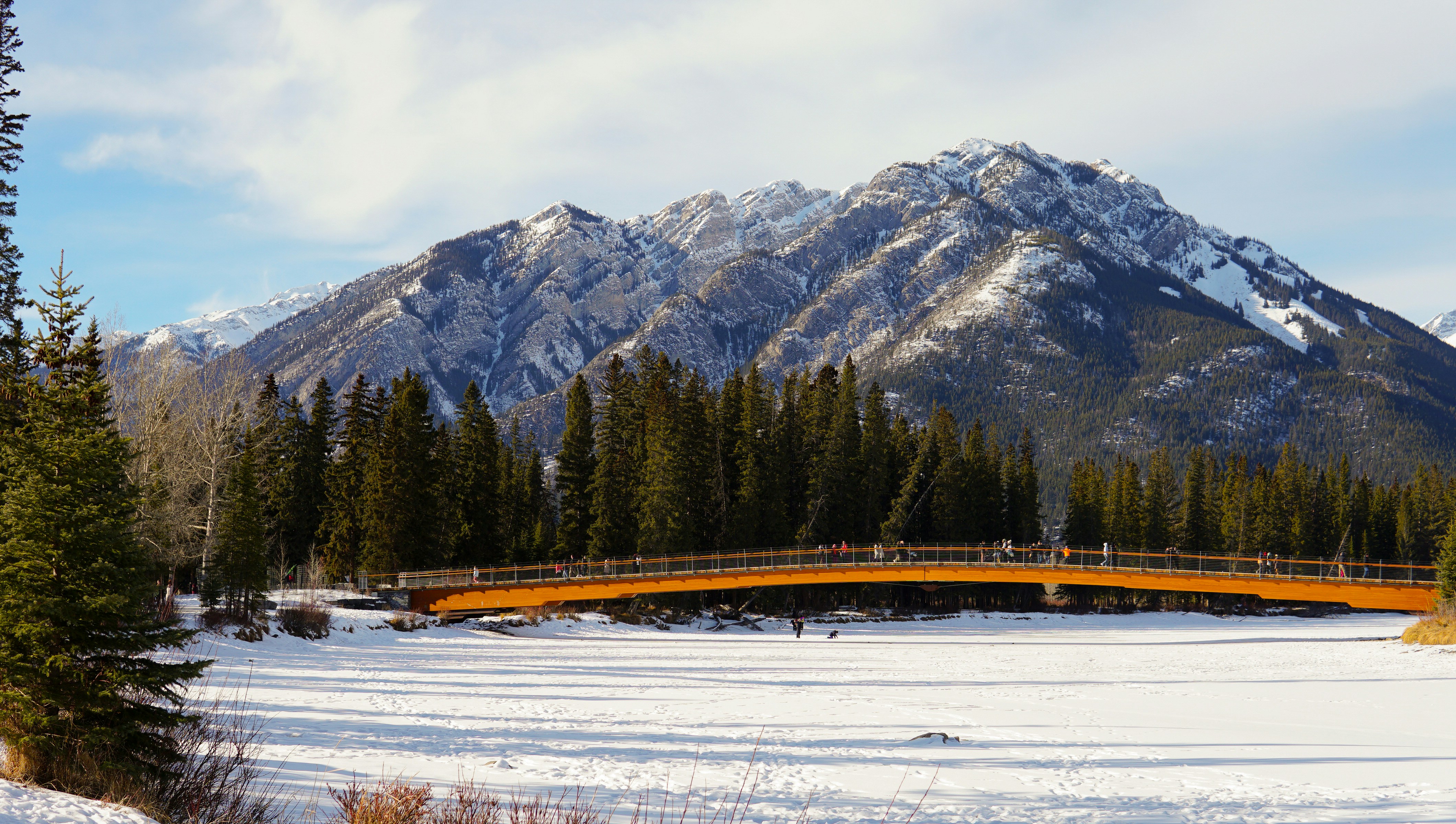 Snow-Capped Peaks Over a Golden Wooden Bridge