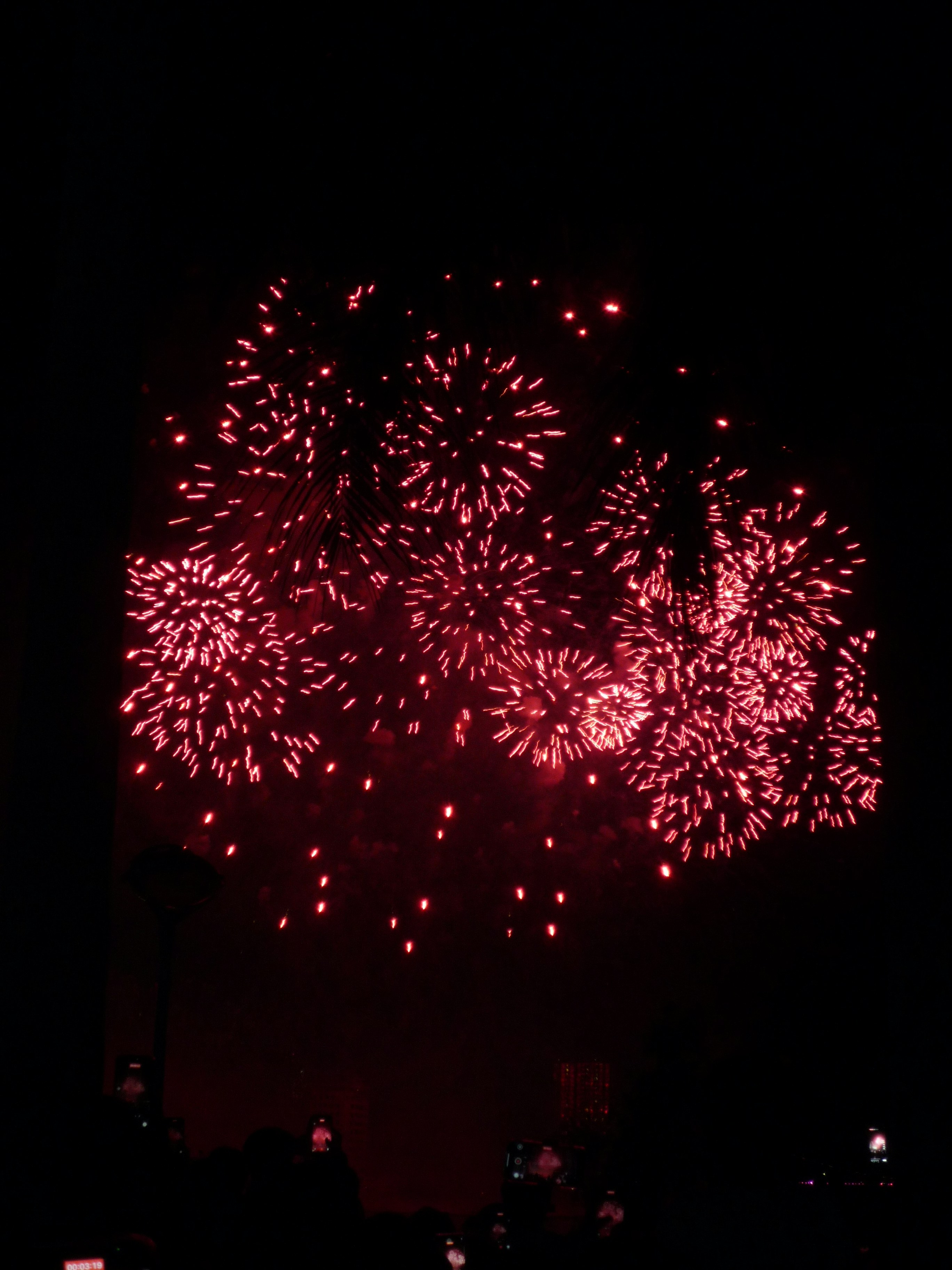 Dark urban skyline at night with bright red fireworks blooming above, capturing vibrant explosions and silhouettes of onlookers below.