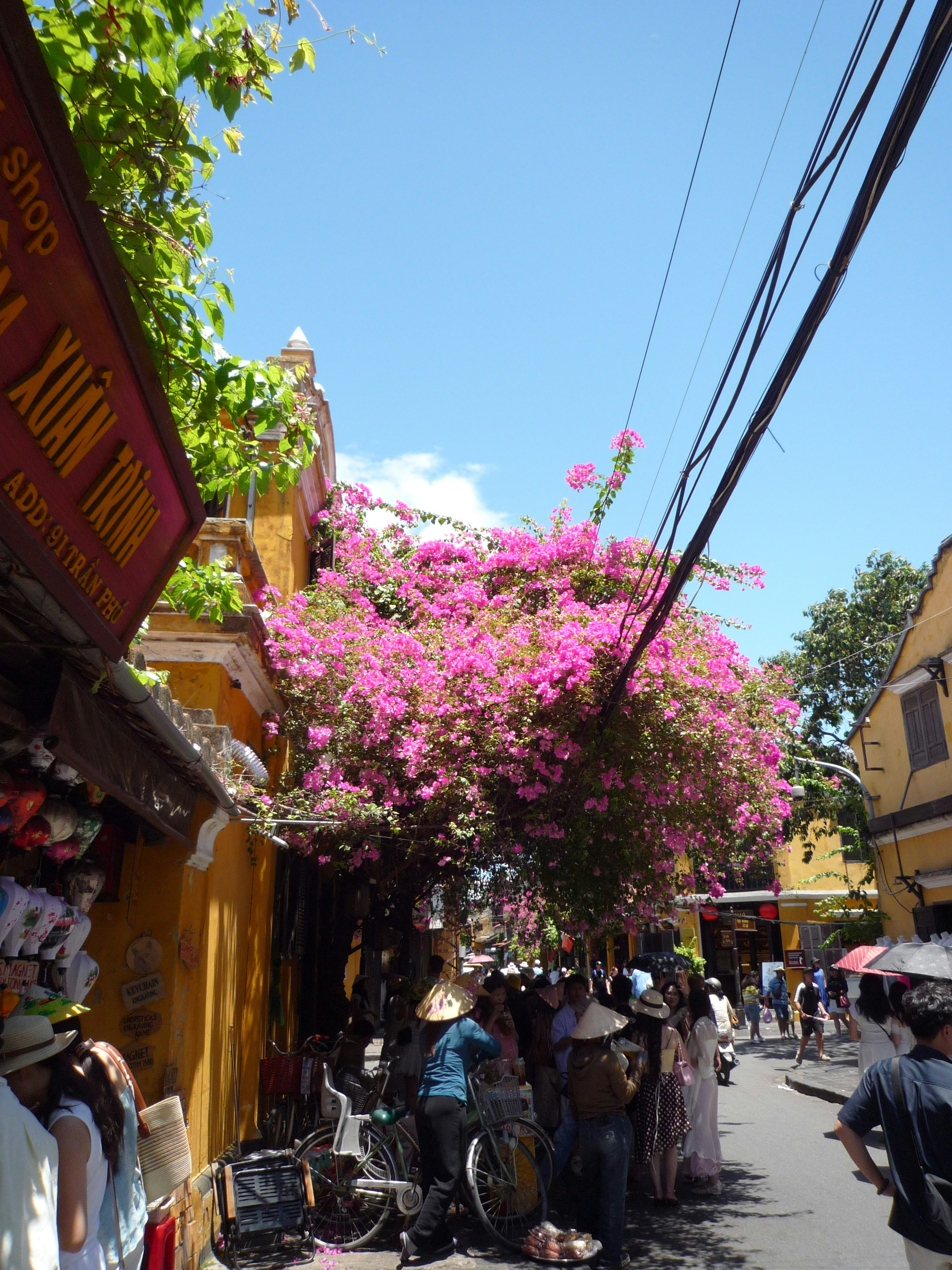 Colorful street market lined with yellow walls and blooming bougainvillea under a bright blue sky; pedestrians and bicycles create a lively, sun-filled scene.
