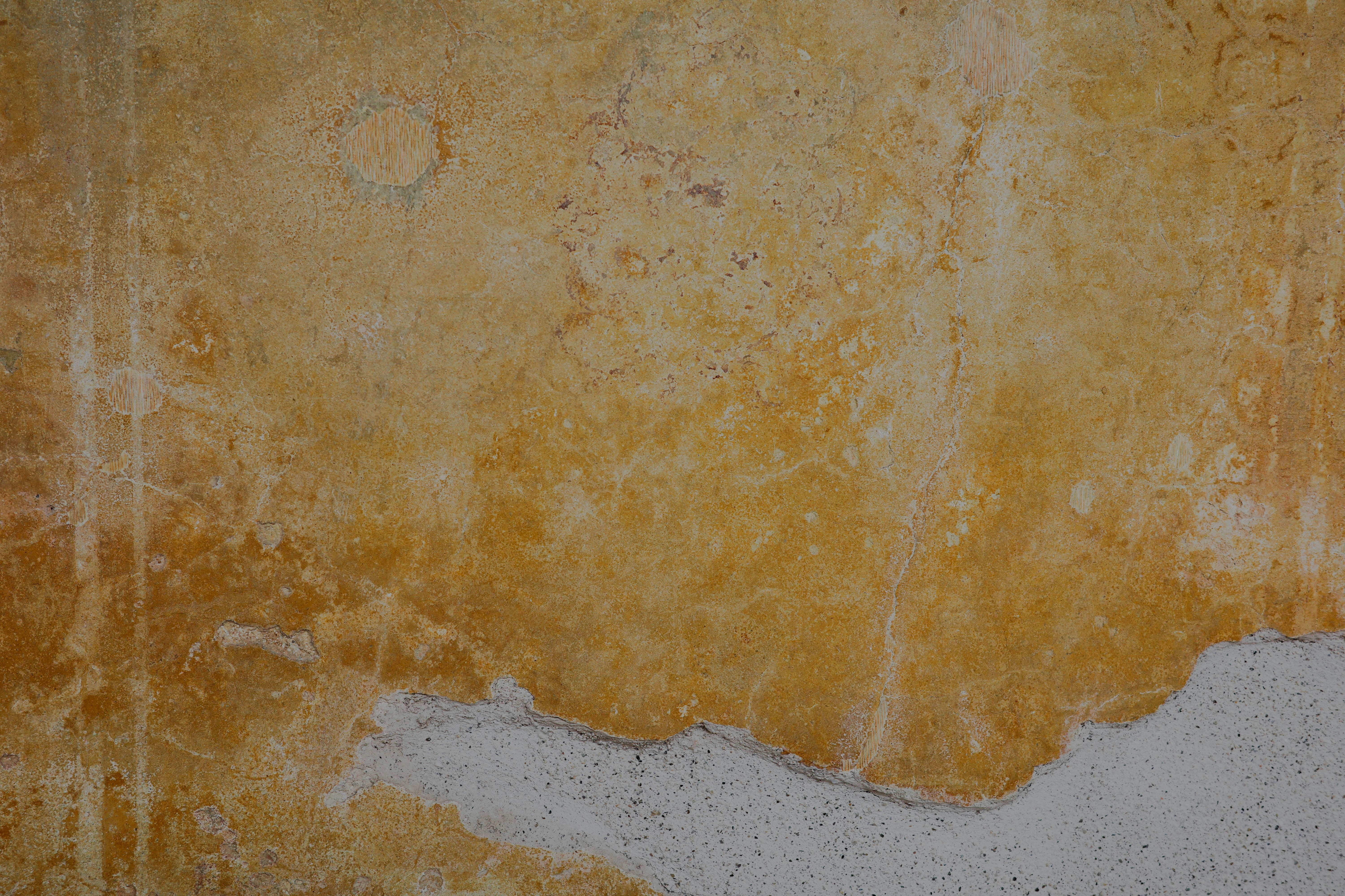 Weathered Gold: Peeling Plaster over Grey Concrete
