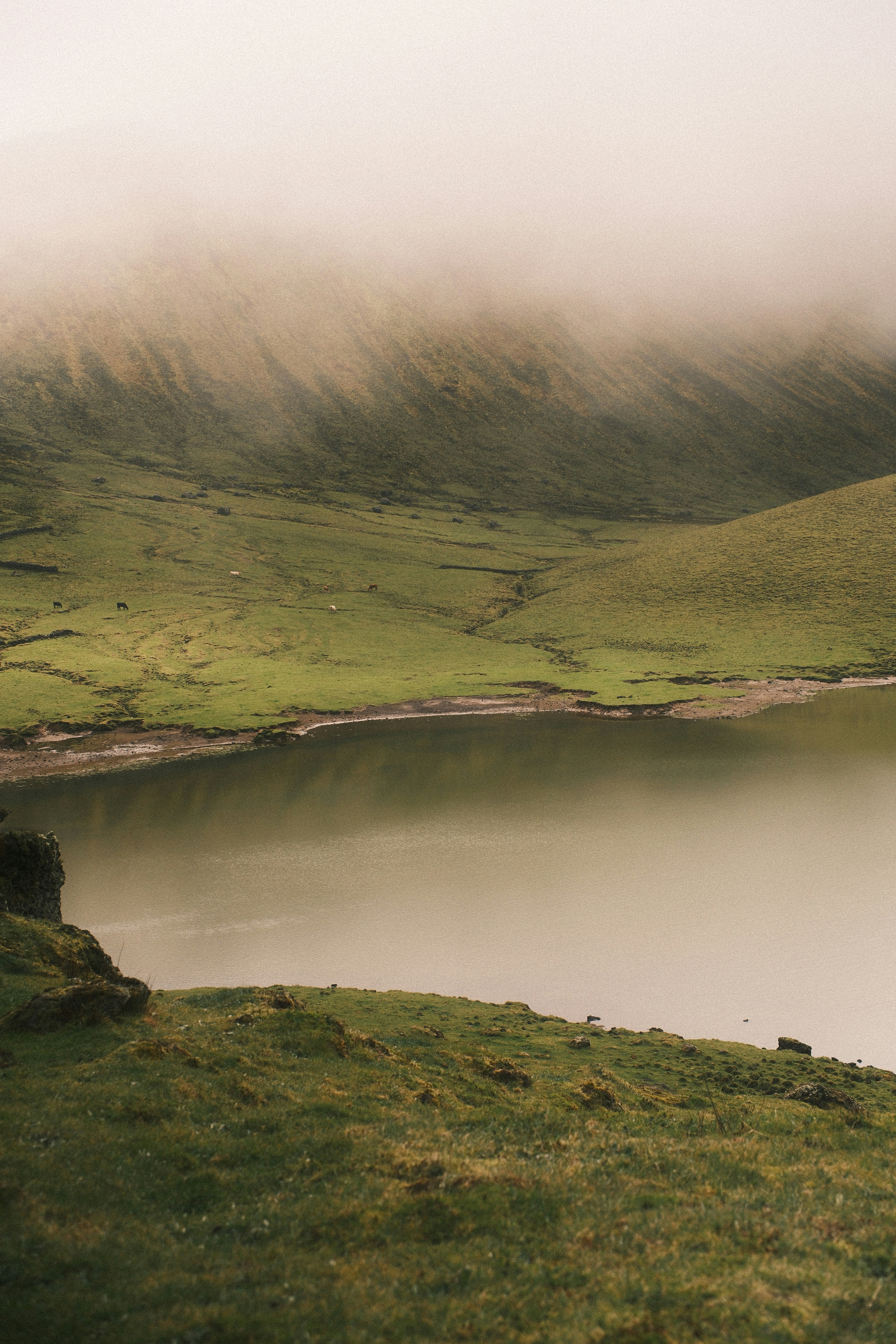 Mist-Laced Valley: A Quiet Lake Surrounded by Emerald Slopes