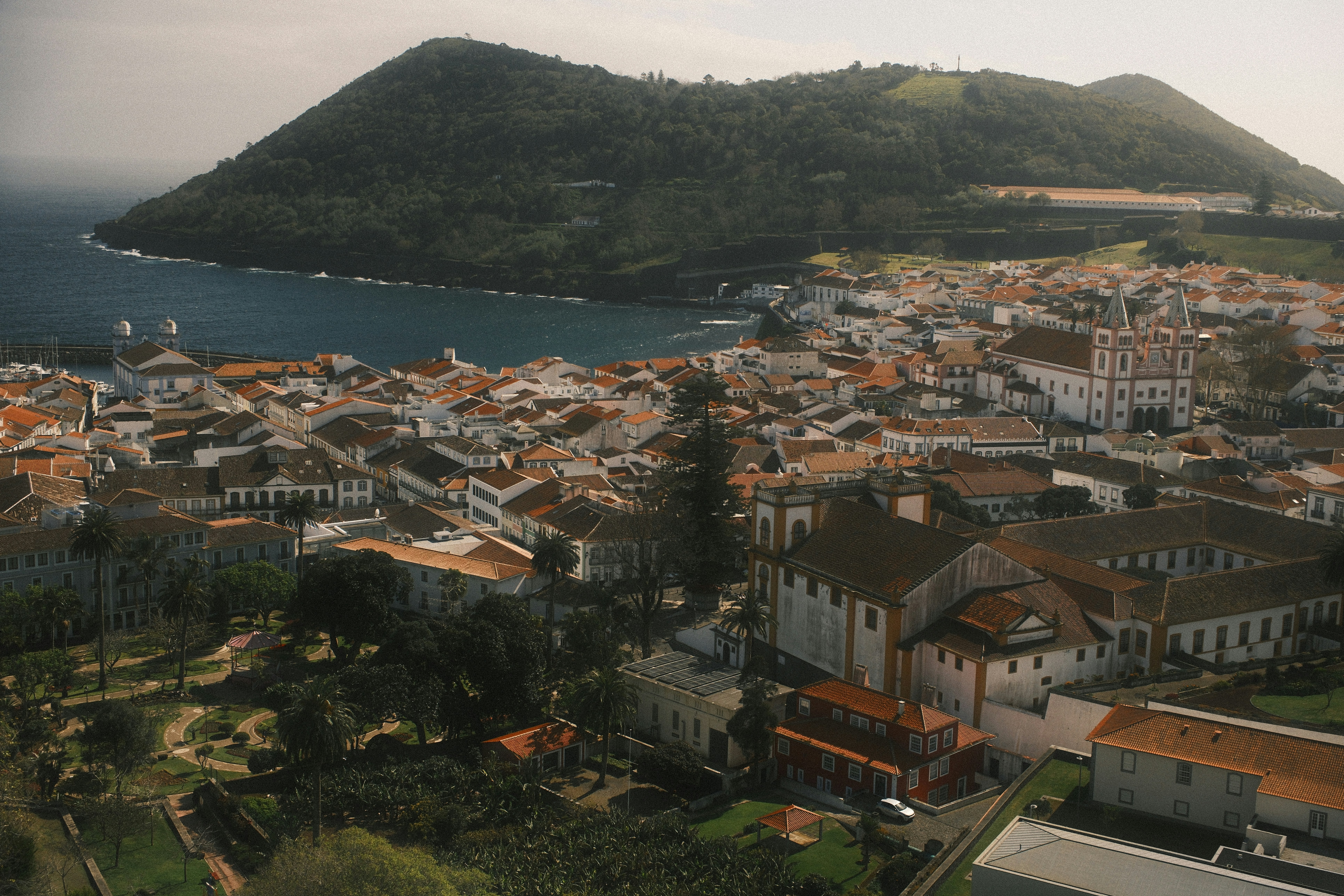 Coastal Portuguese Cityscape: Terracotta Roofs and Sea Horizon