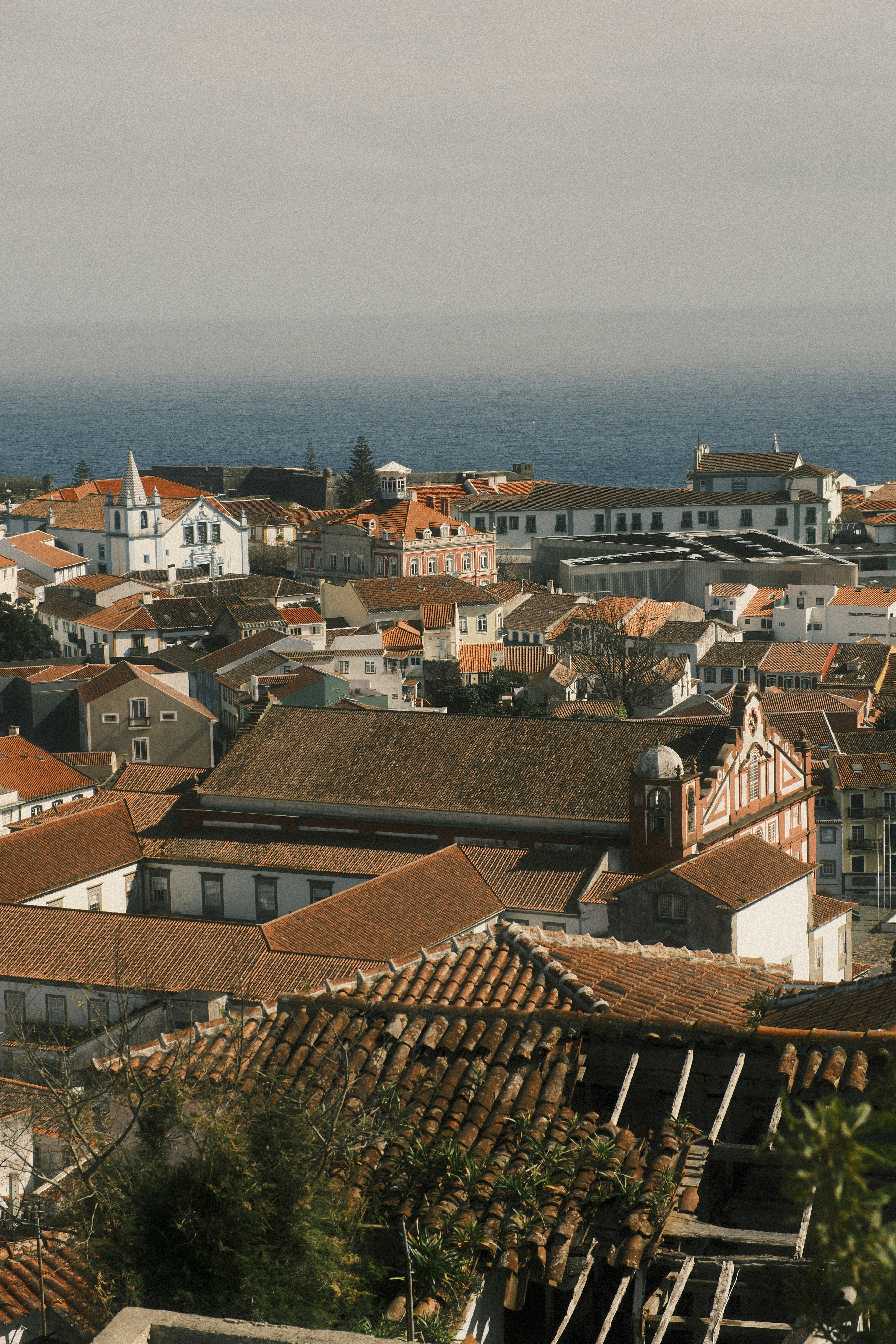 Coastal townscape: terracotta rooftops leading to the sea horizon