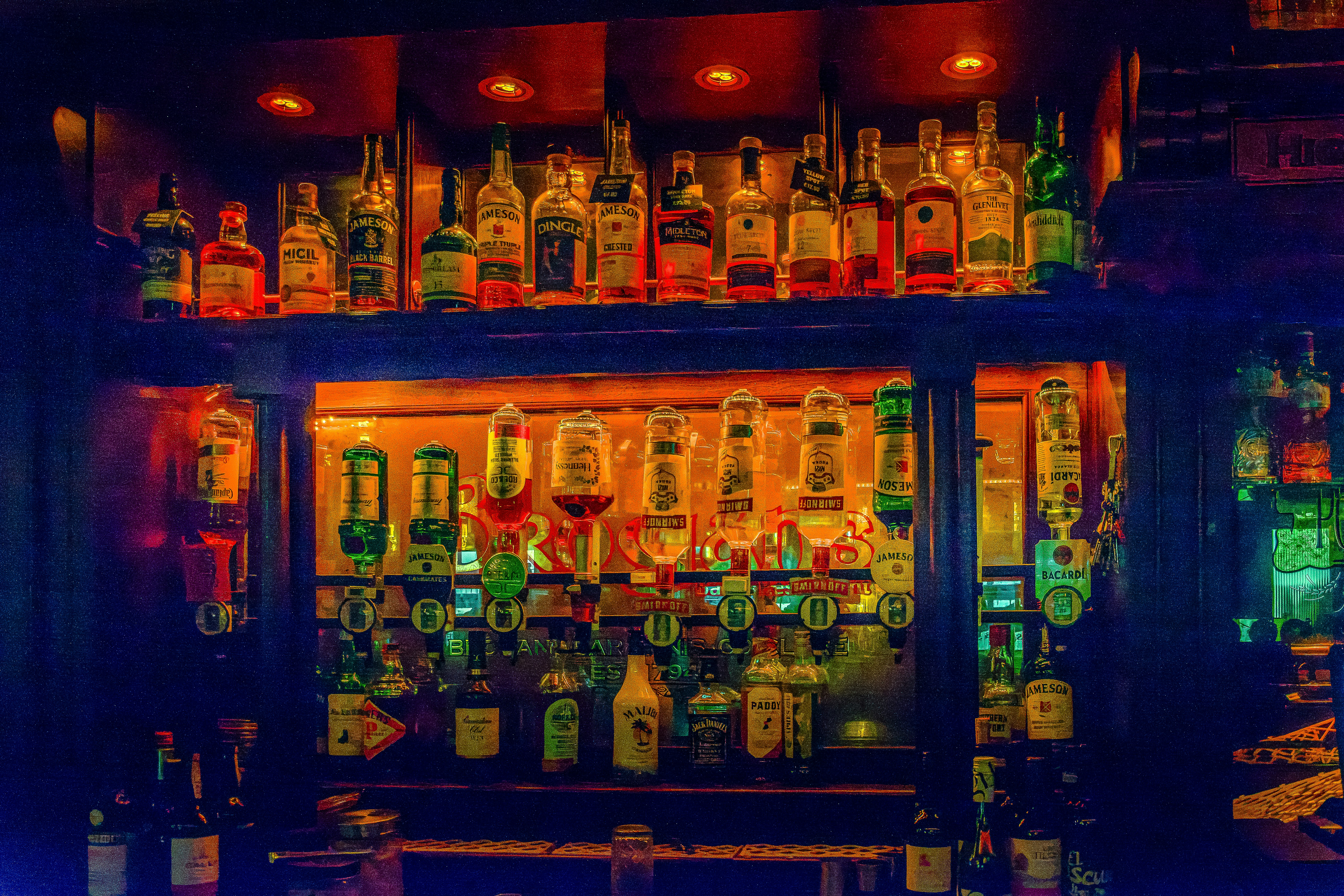 Neon-Glow Spirits Shelf: A Bar Portrait in Chromatic Noise