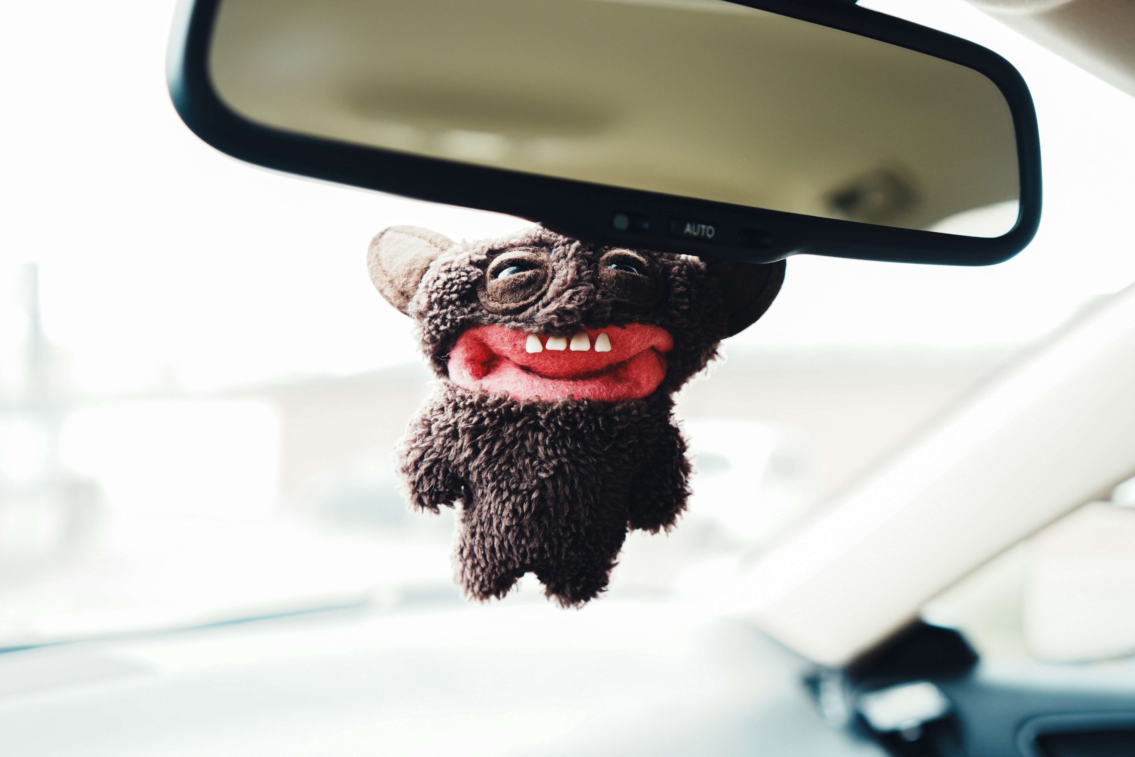 Mini Monster in the Rearview: A Plush Car-Hop Moment