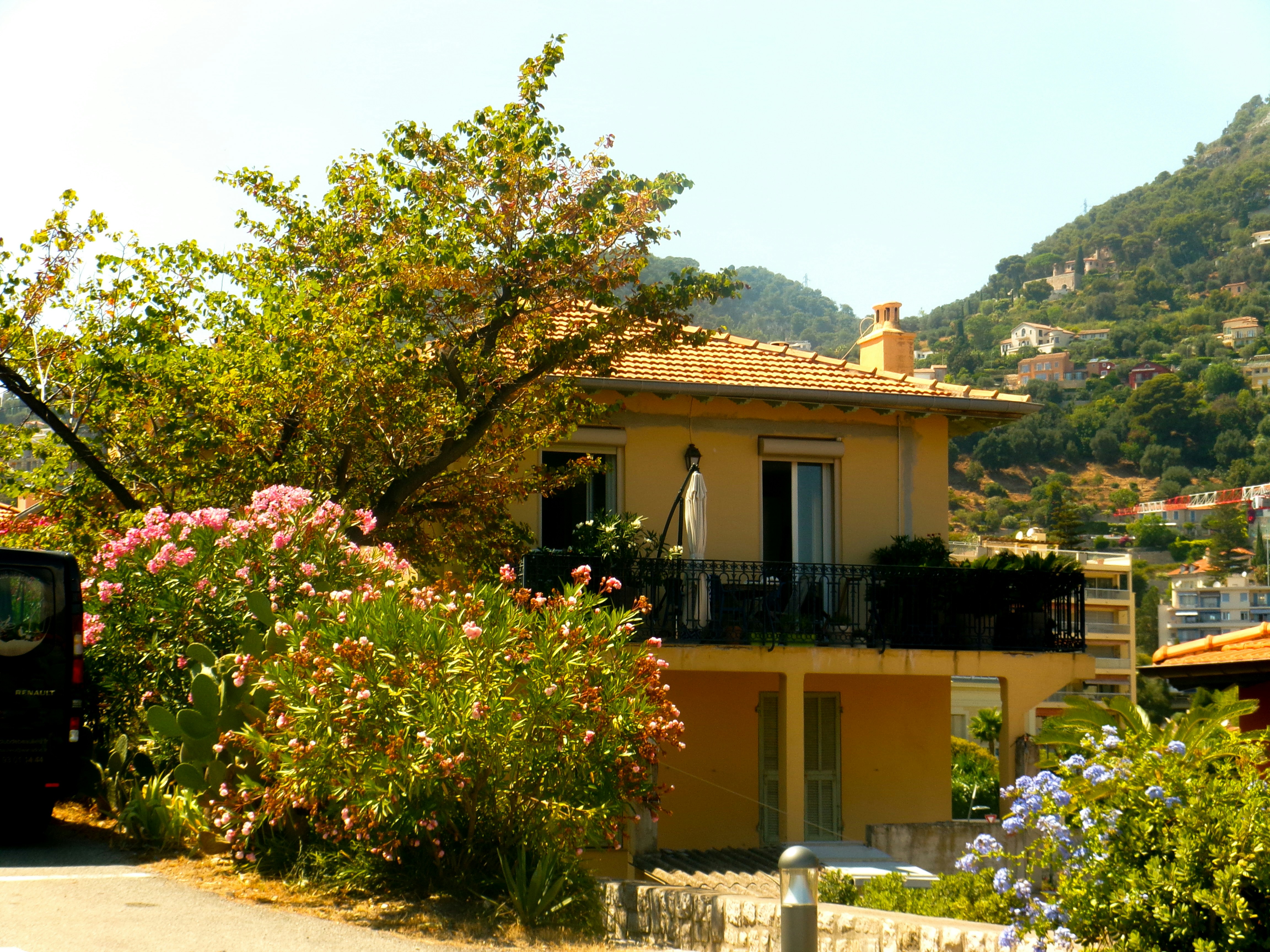 Sunlit Mediterranean Home Framed by Blooming Garden