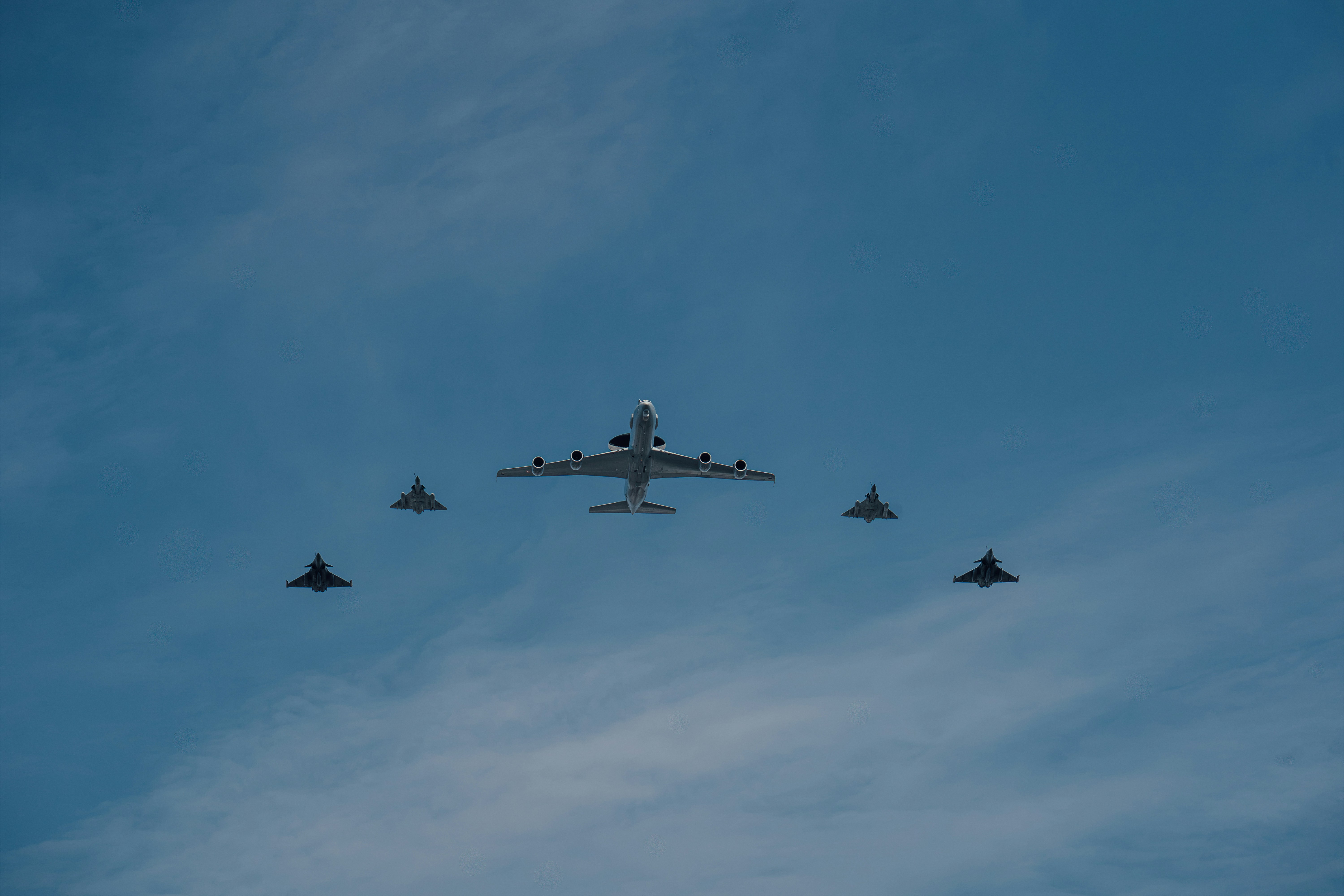 Skyward Formation: Aerial Lineup Under a Clear Blue Canopy
