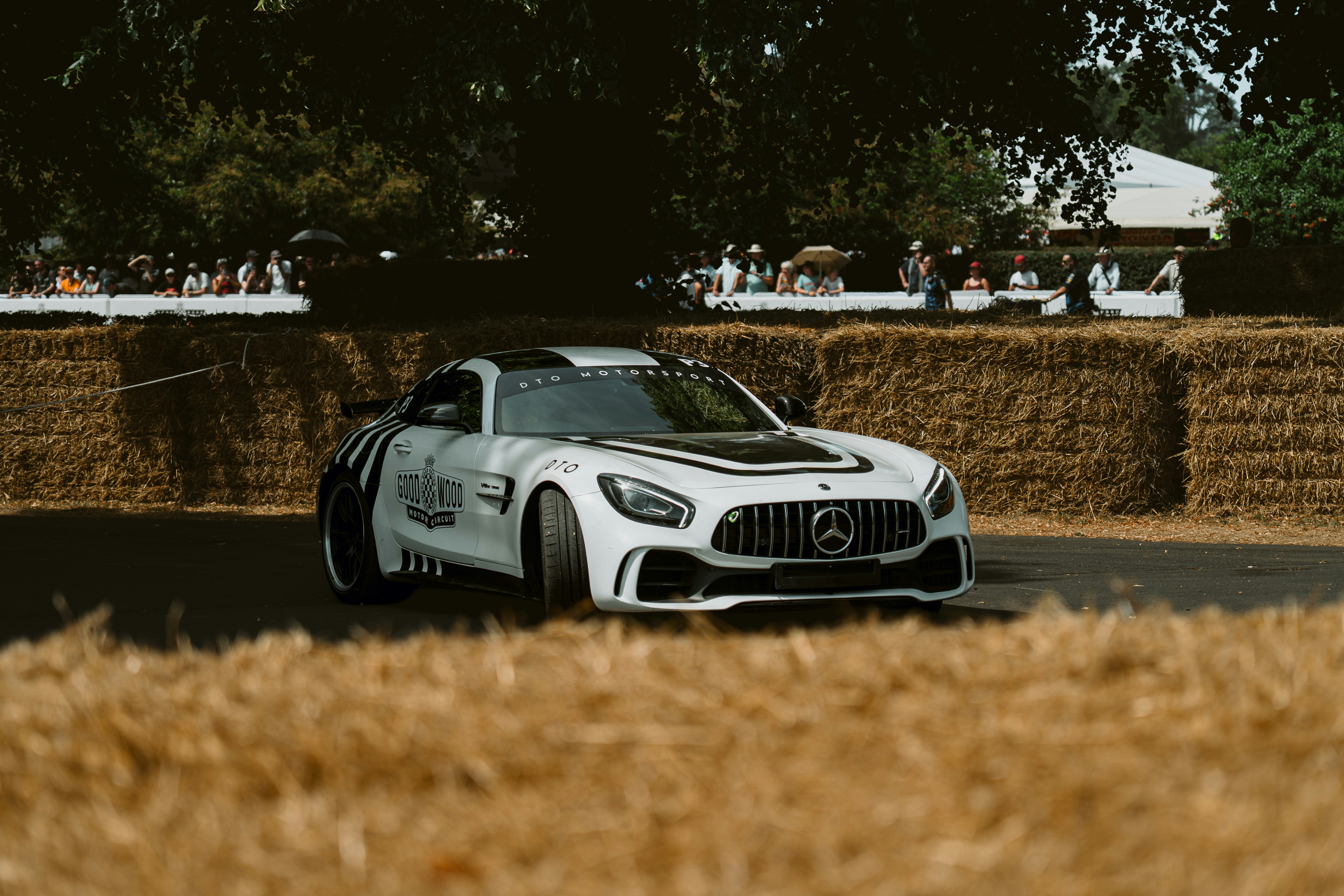White Mercedes GT3 Slice: Racing through Straw-Rowed Curves