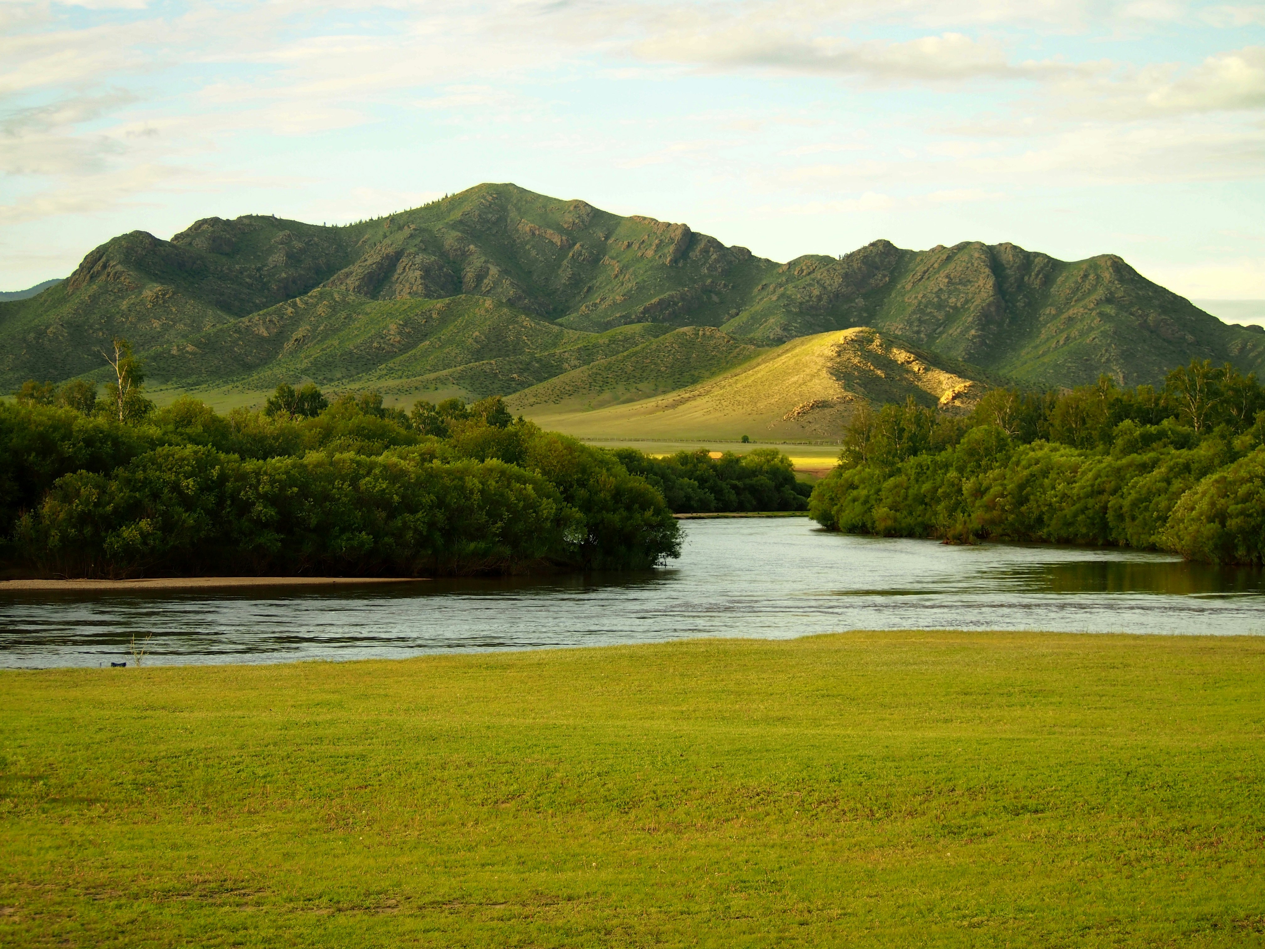 Sunlit river curves through a grassy foreground toward distant mountains with a green belt of shrubs; a calm landscape scene featuring a longshore of water and open sky.