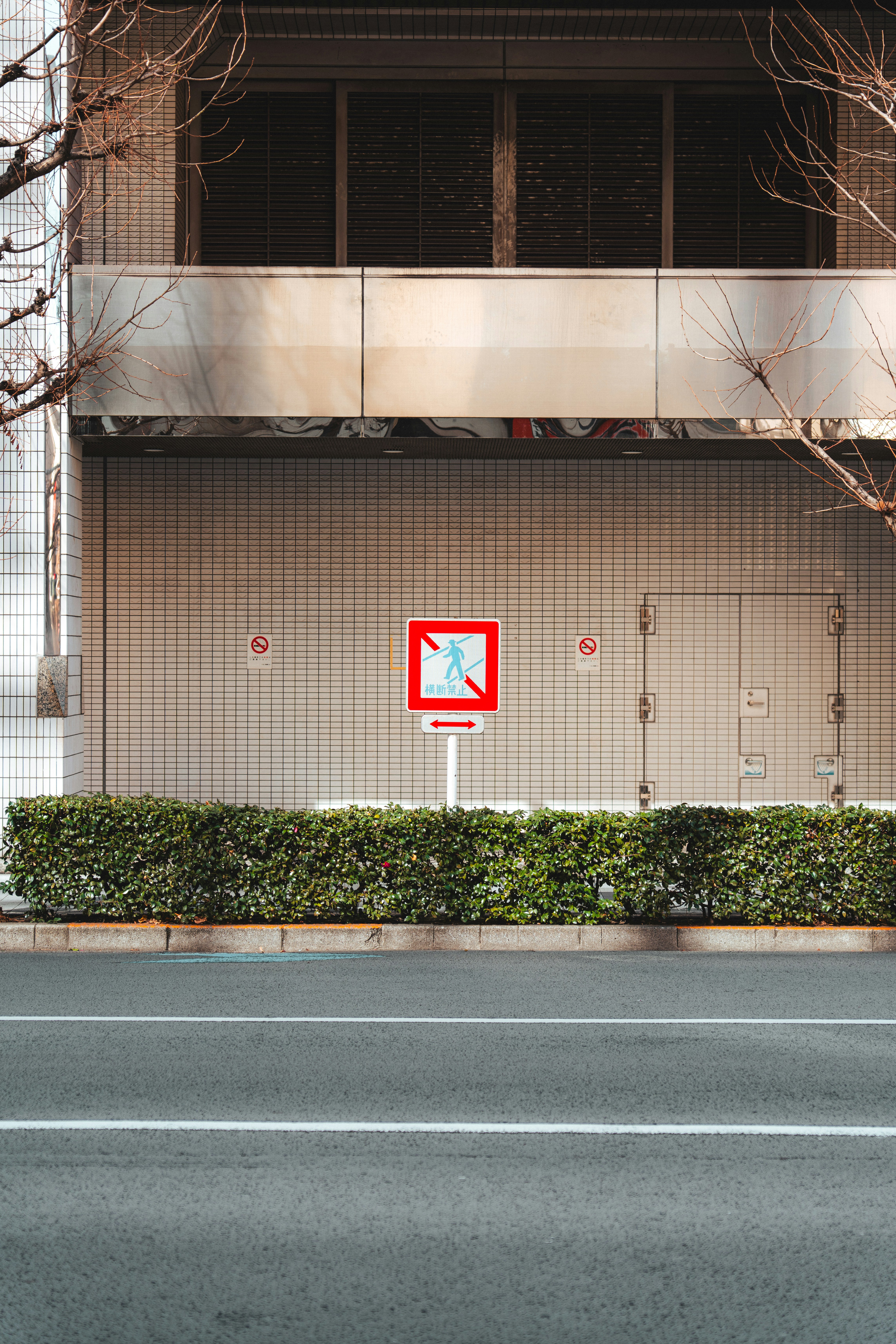Urban Signage Paused Between Concrete and Greenery