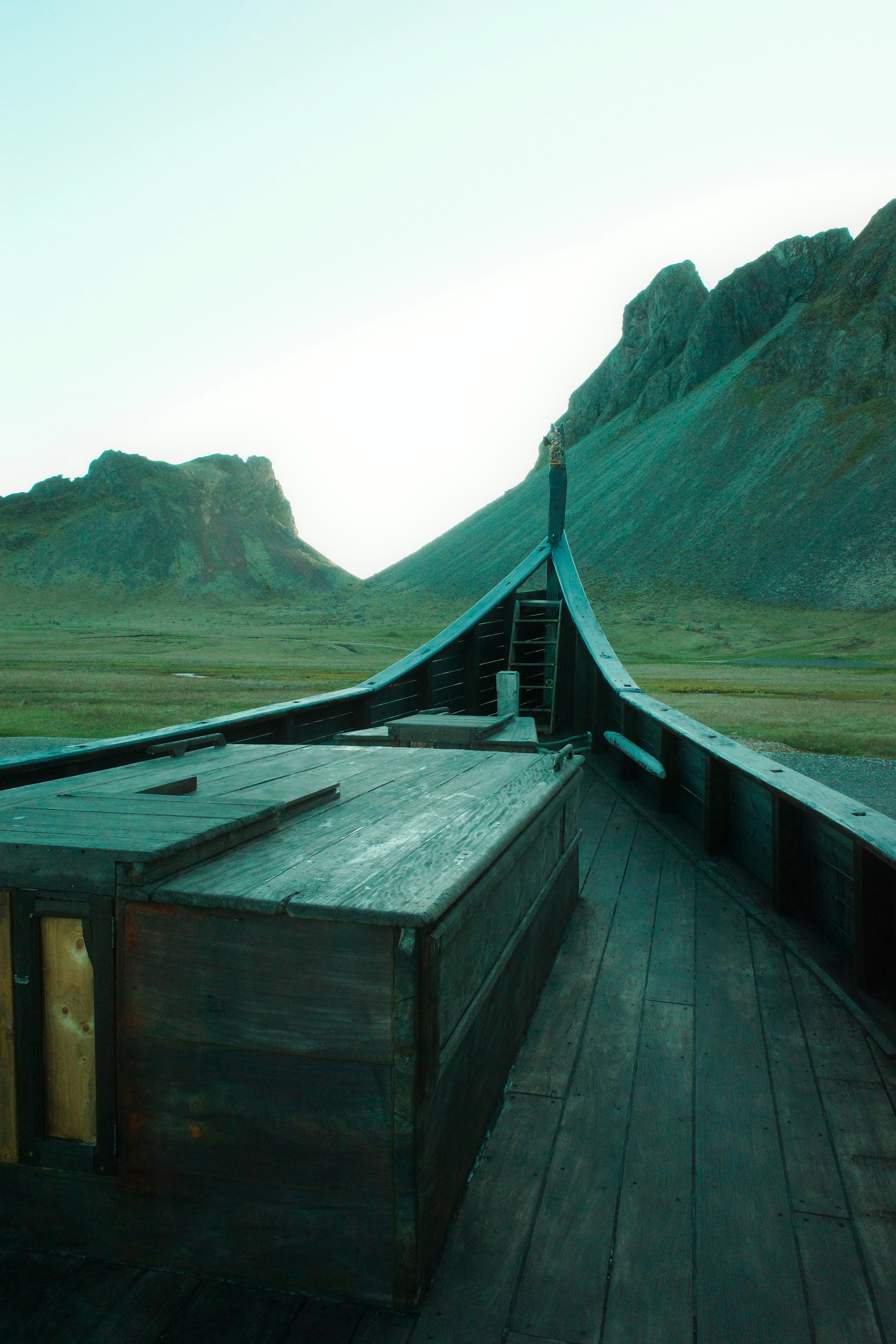 Bow of the Viking Ship Reaches Toward the Mountain Dawn