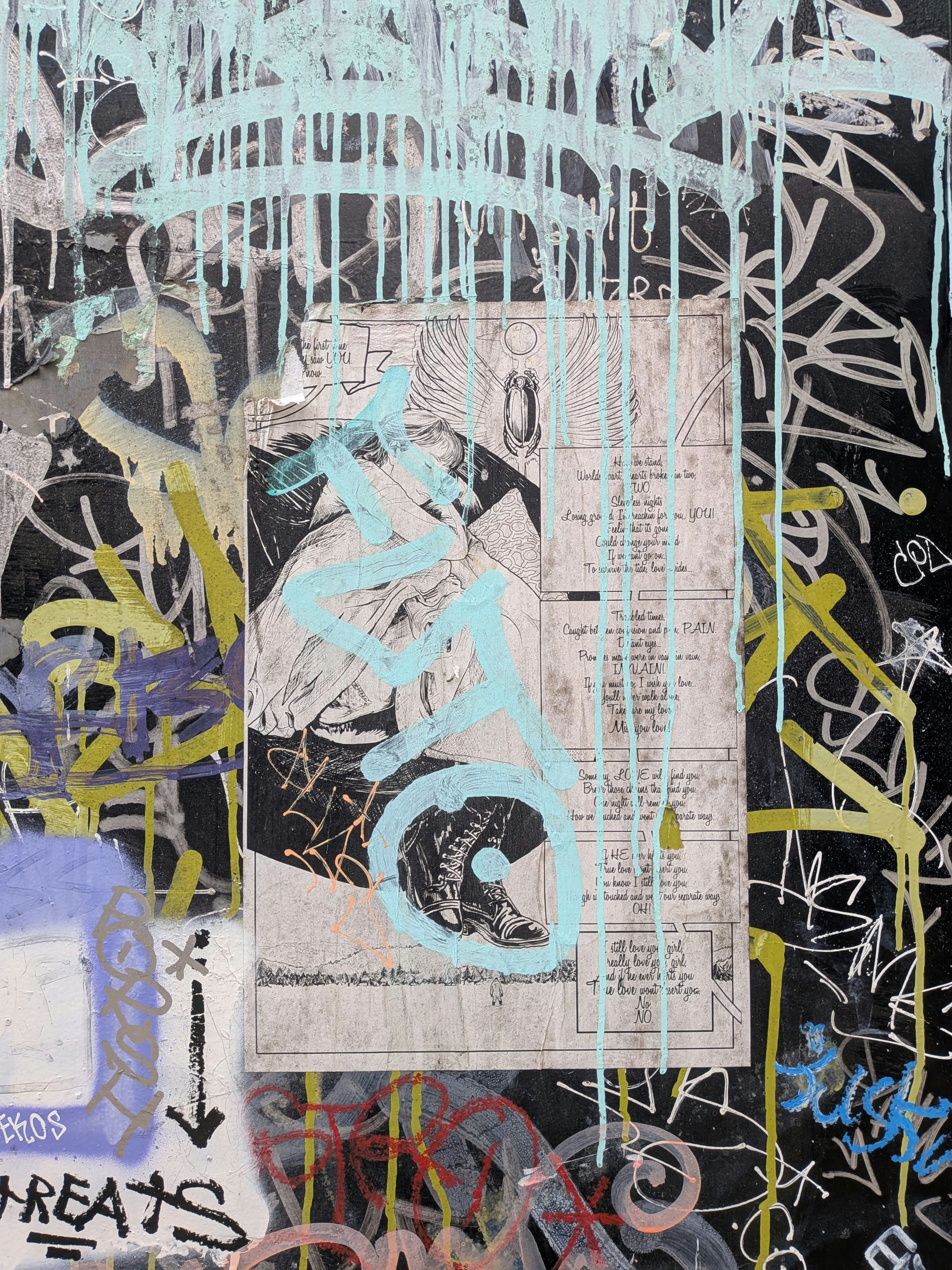 Ink and Steam: Central Comic Panel Amidst Street Graffiti Storm