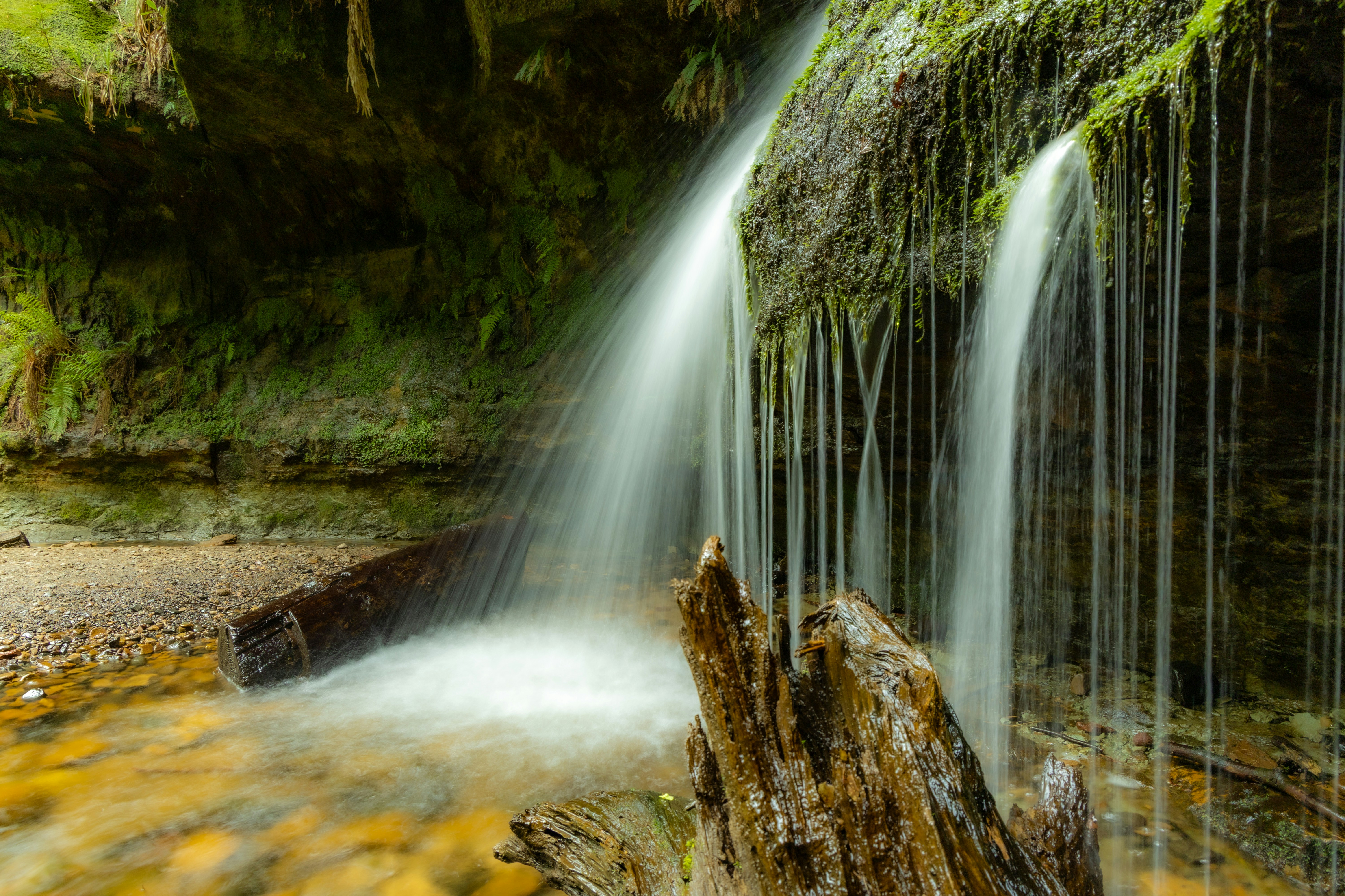 Whispering Cascade: Light, Rock, and Moss at the Edge of the Pool