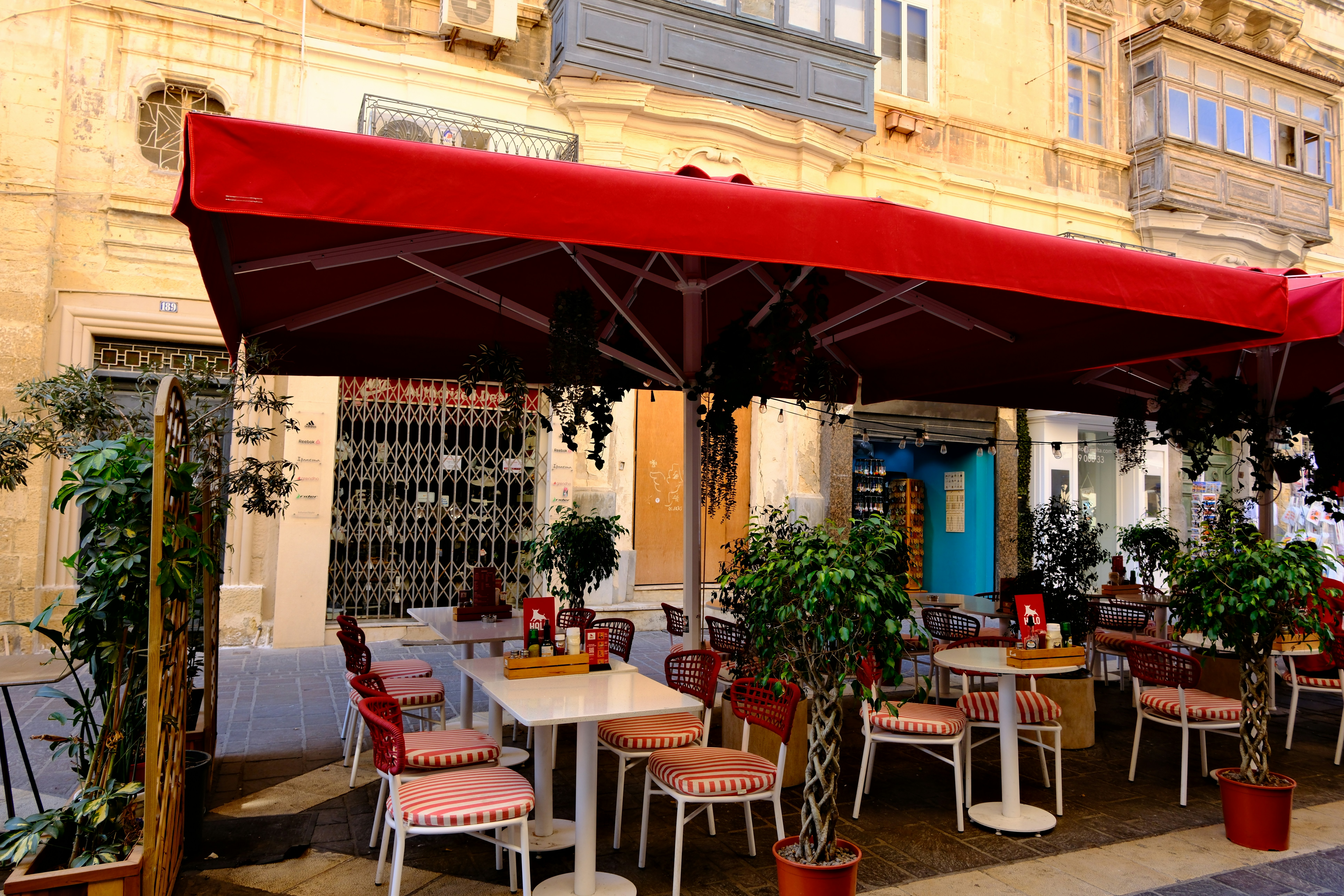 Canopy of Red Over Café Courtyard