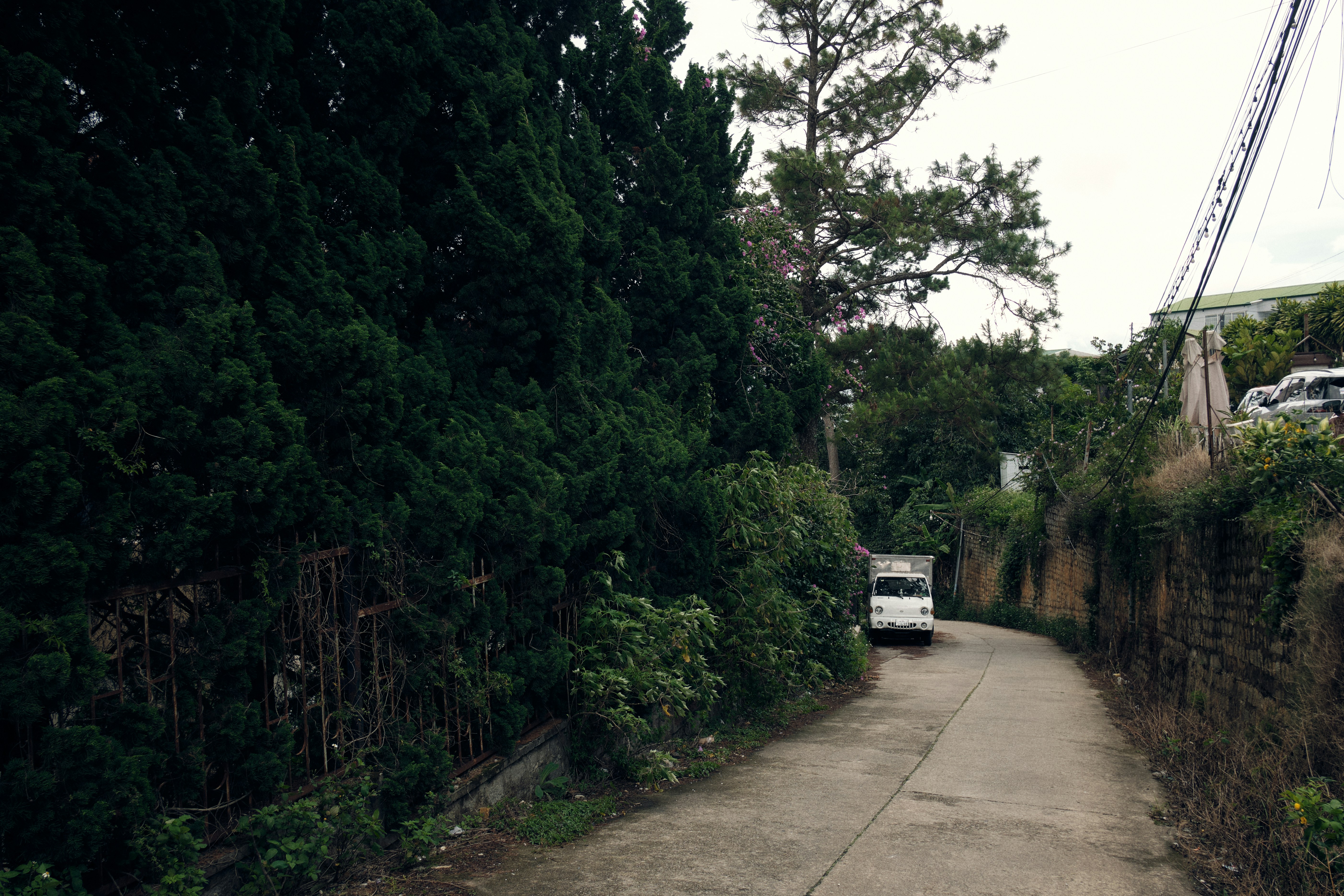 Quiet alleyway retreat: a narrow concrete path fading into a distant vehicle