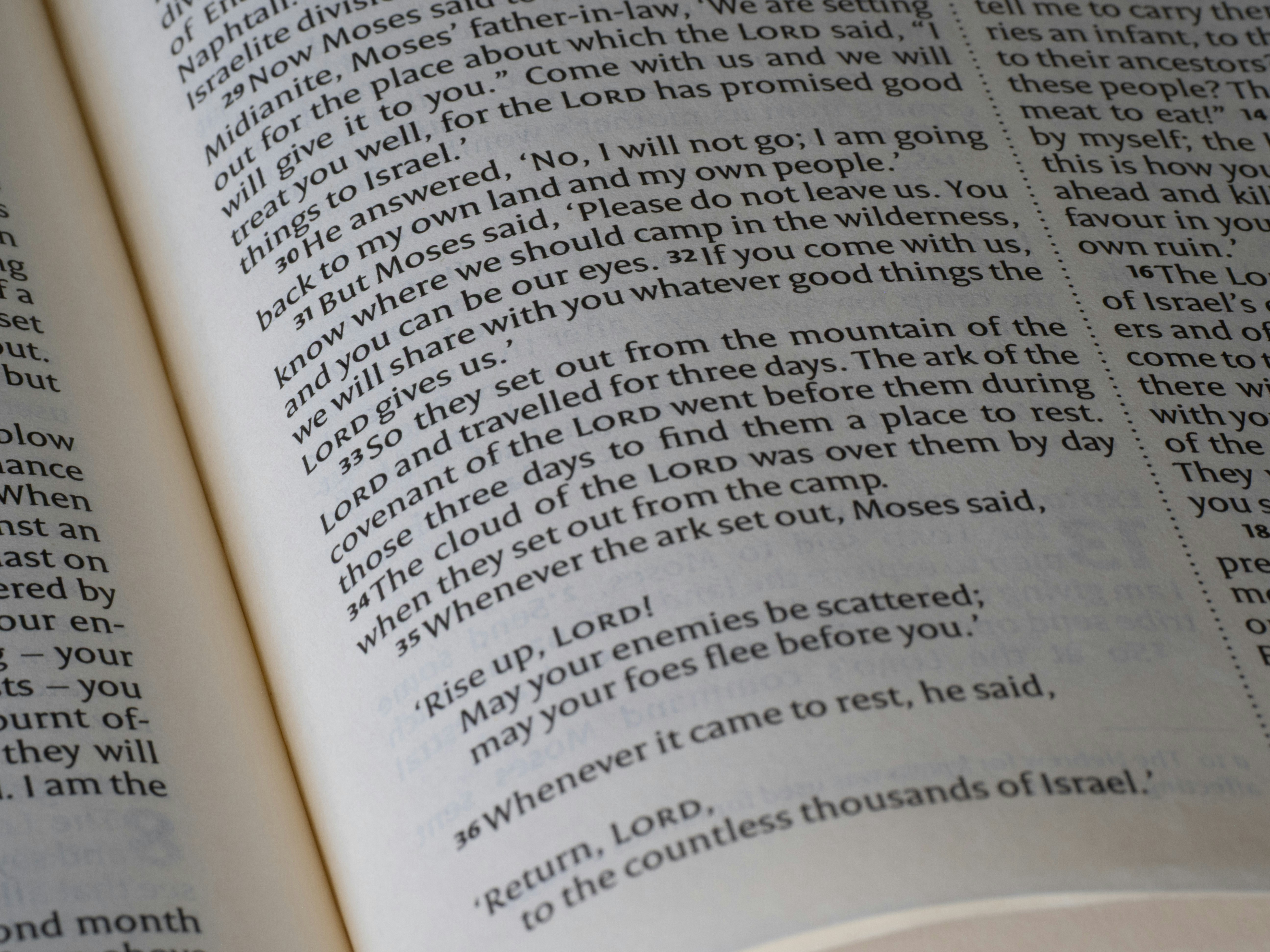 Close-up shot of an open Bible, highlighting the printed text and the soft shadowed margins, emphasizing a quiet study moment.