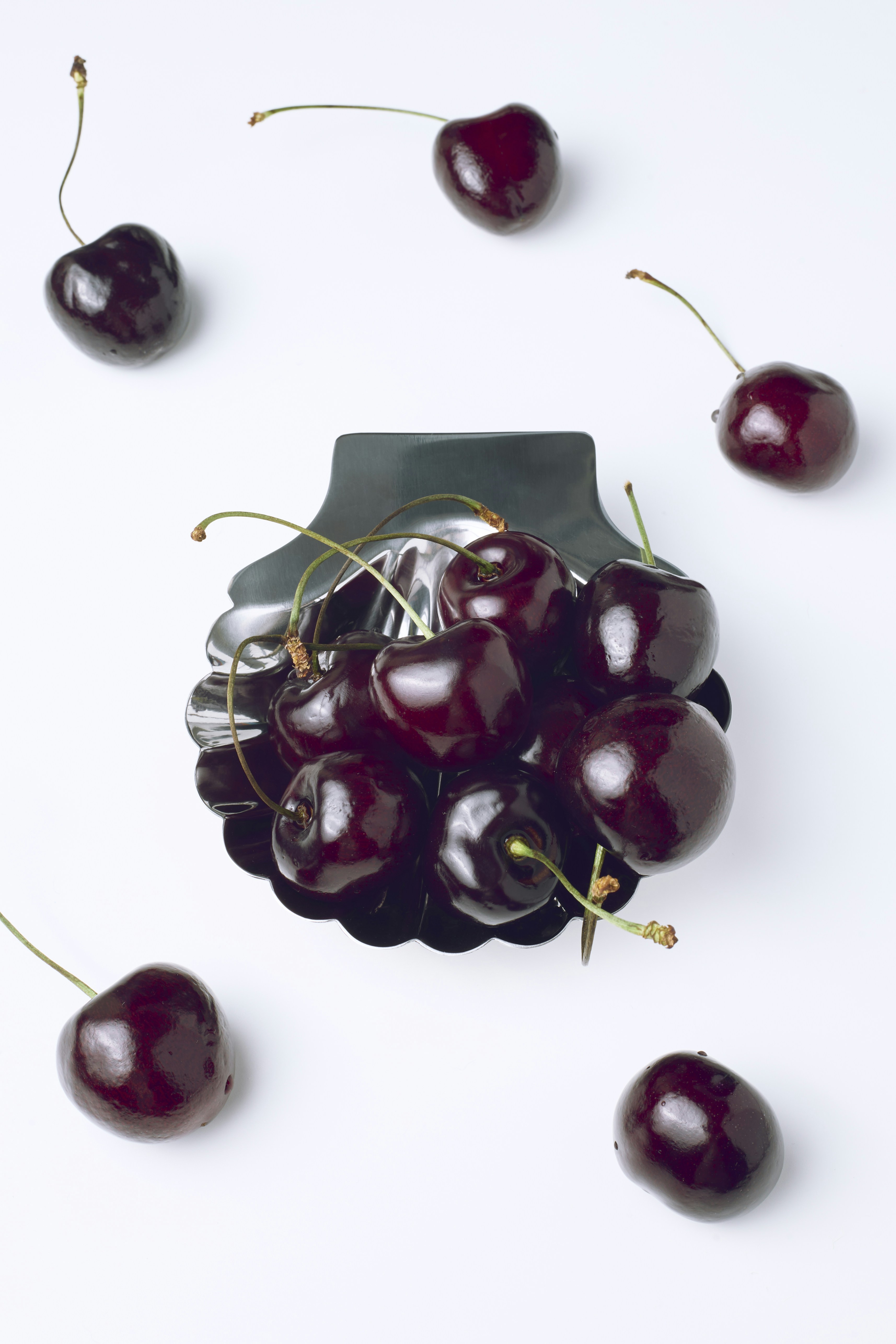 Glossy cherries gathered on a dark leaf pedestal against a clean white background, arranged as a still-life composition. A minimalist, studio-style fruit illustration.