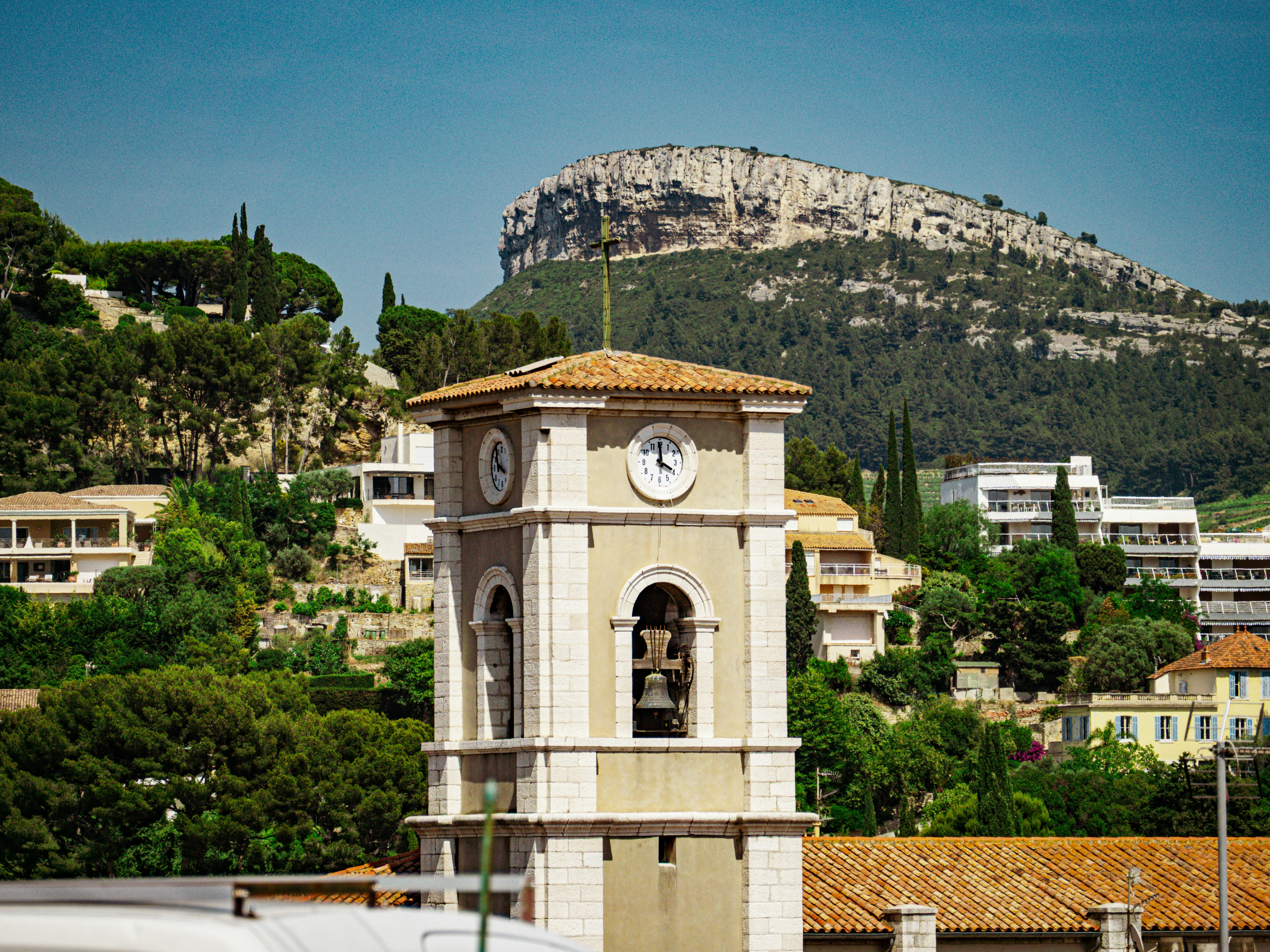 Clock Tower Overlooking a Mediterranean Village