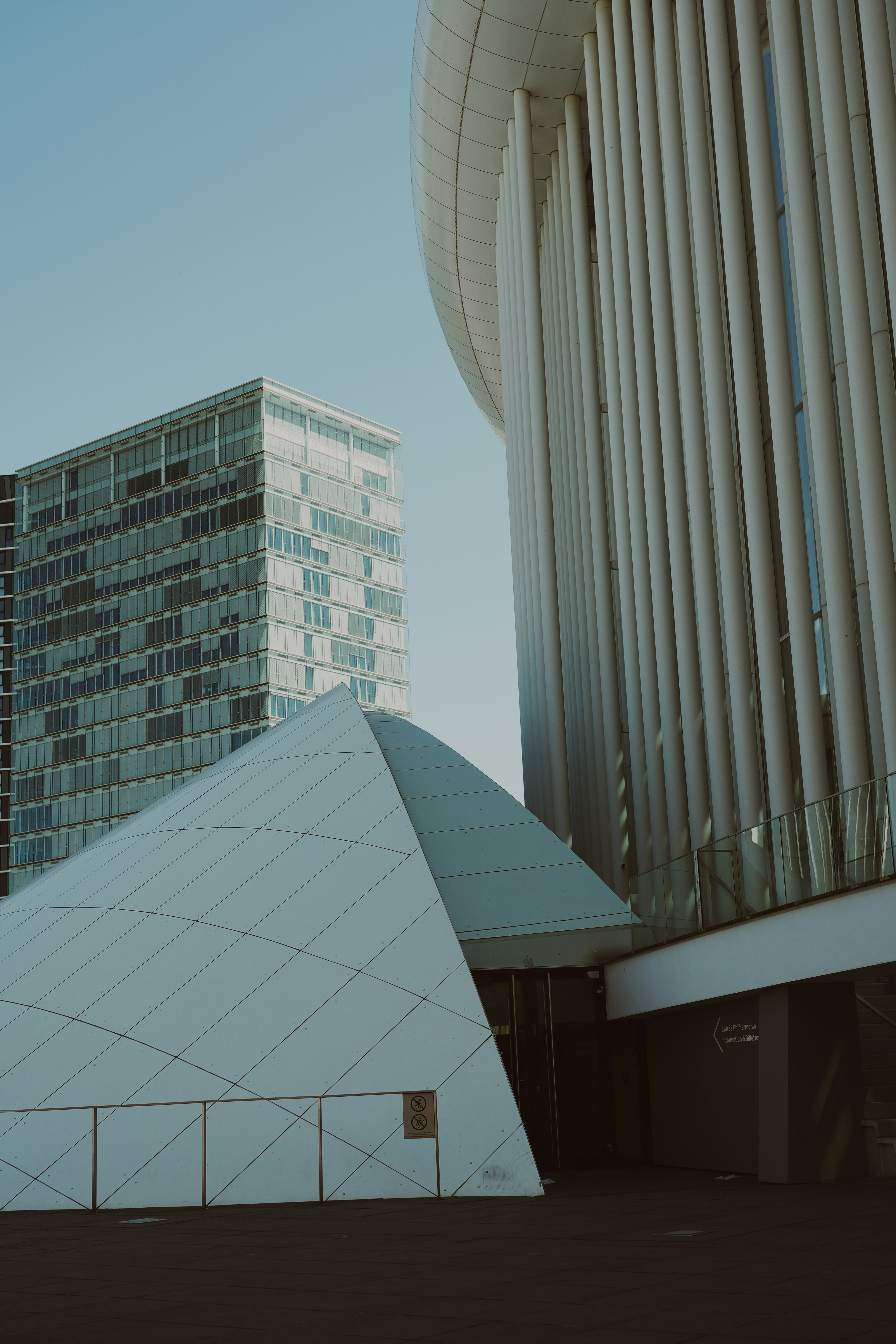 Architectural Convergence: Curves, Glass, and Pillars