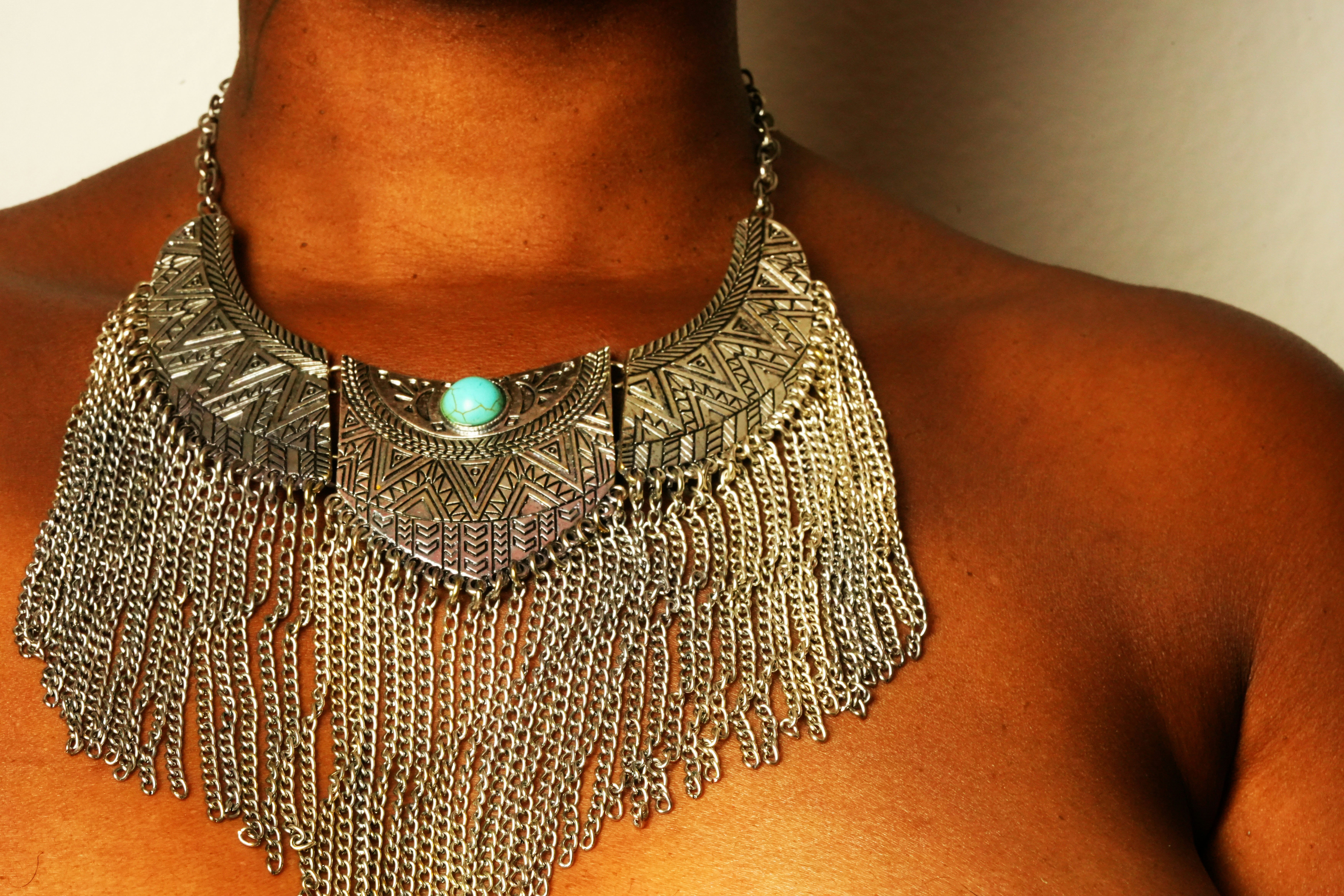 Turquoise Accent and Fringe Necklace Bare Shoulders