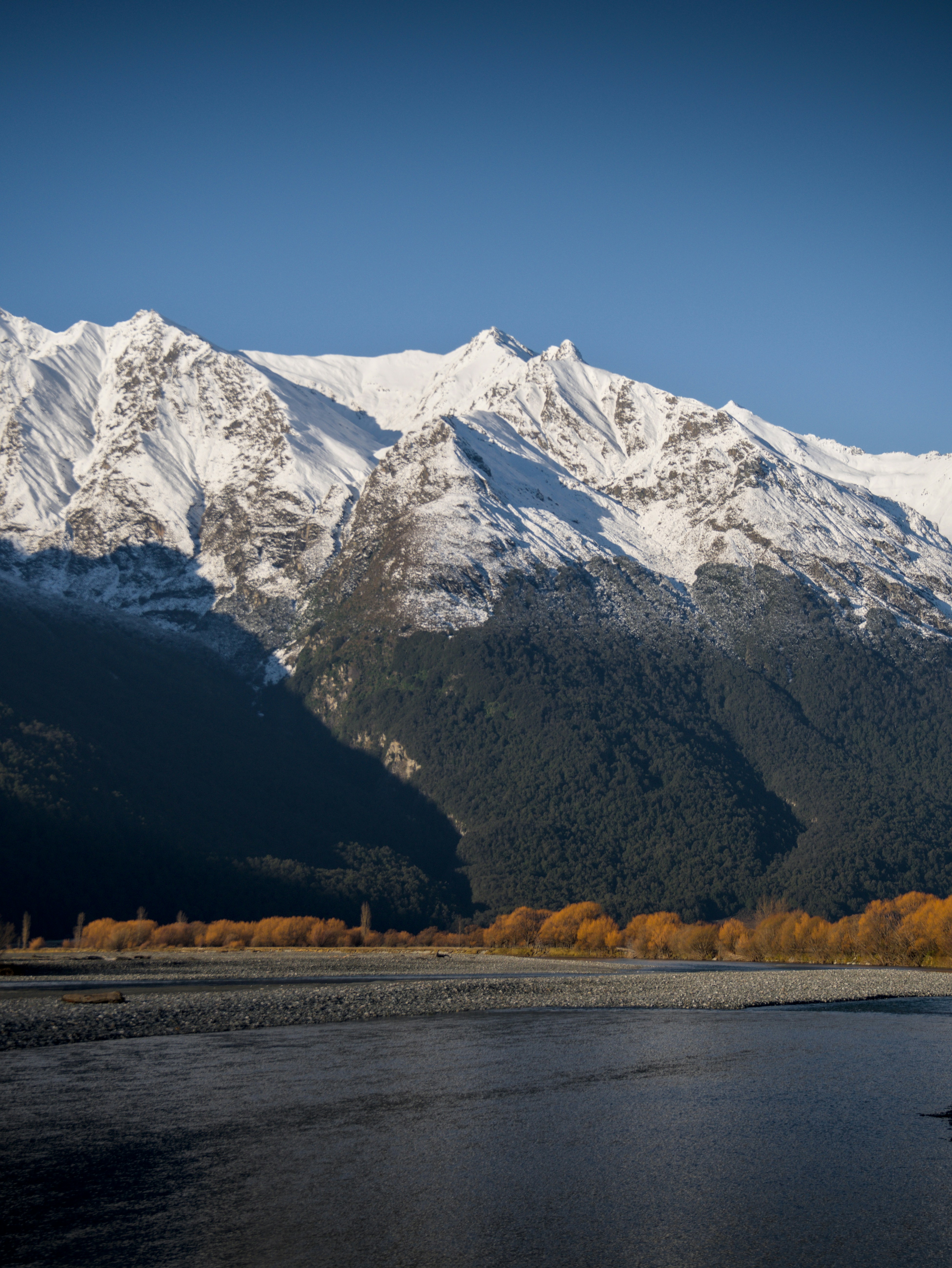 Snow-Capped Peaks Over a Quiet River Valley