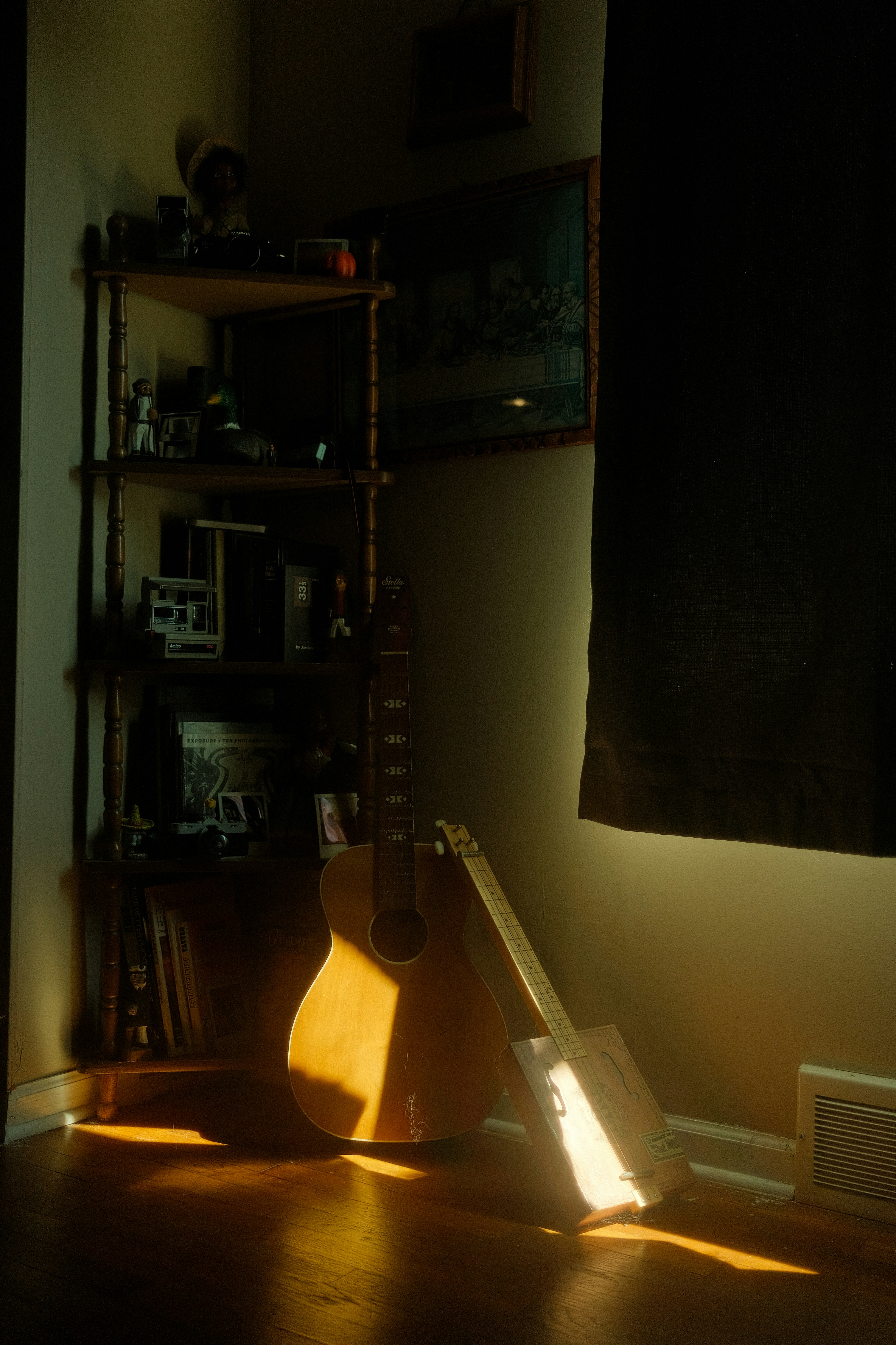 Sunlit Guitar by the Quiet Shelf
