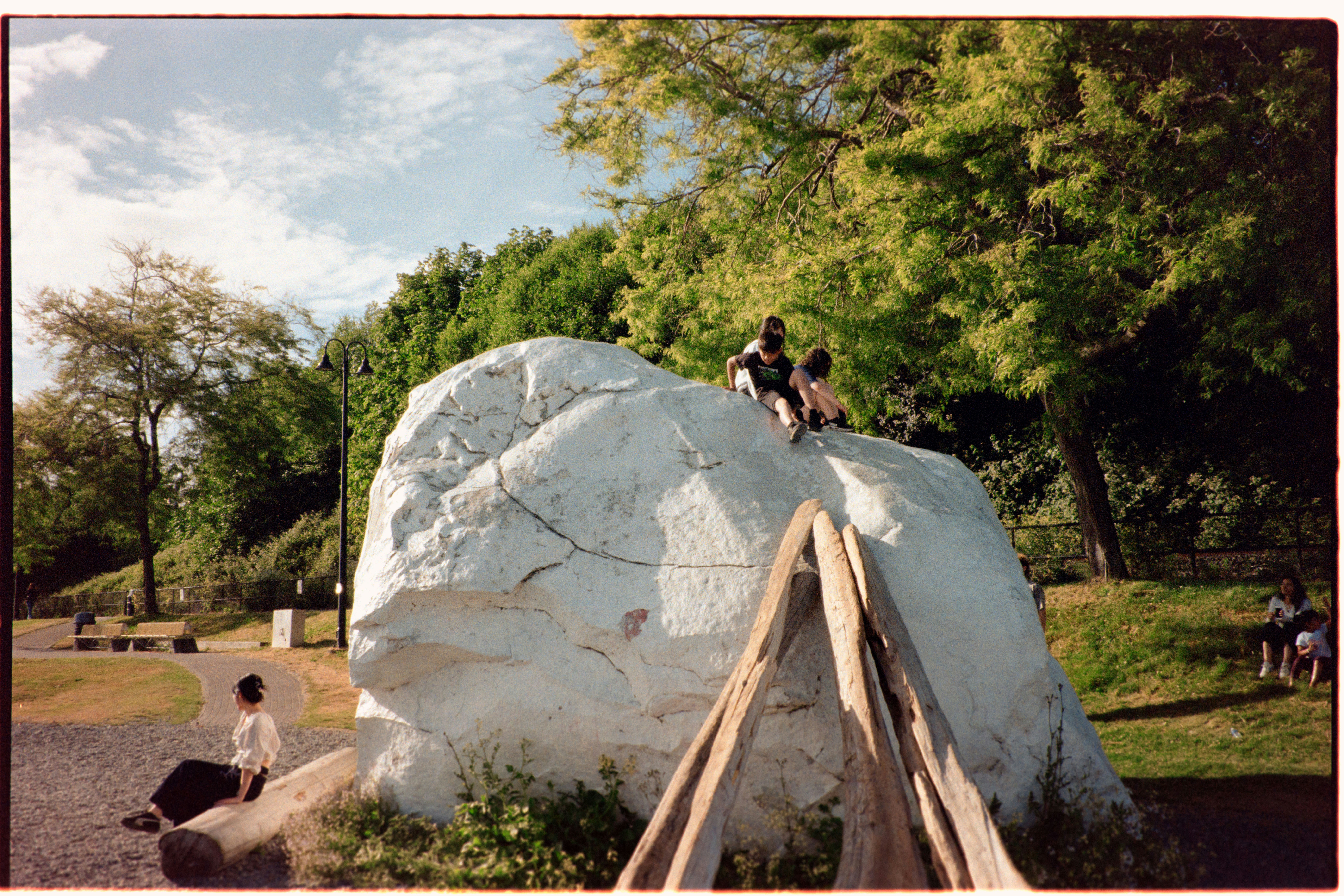 Children Conquer a White Stone in a Sunlit Park