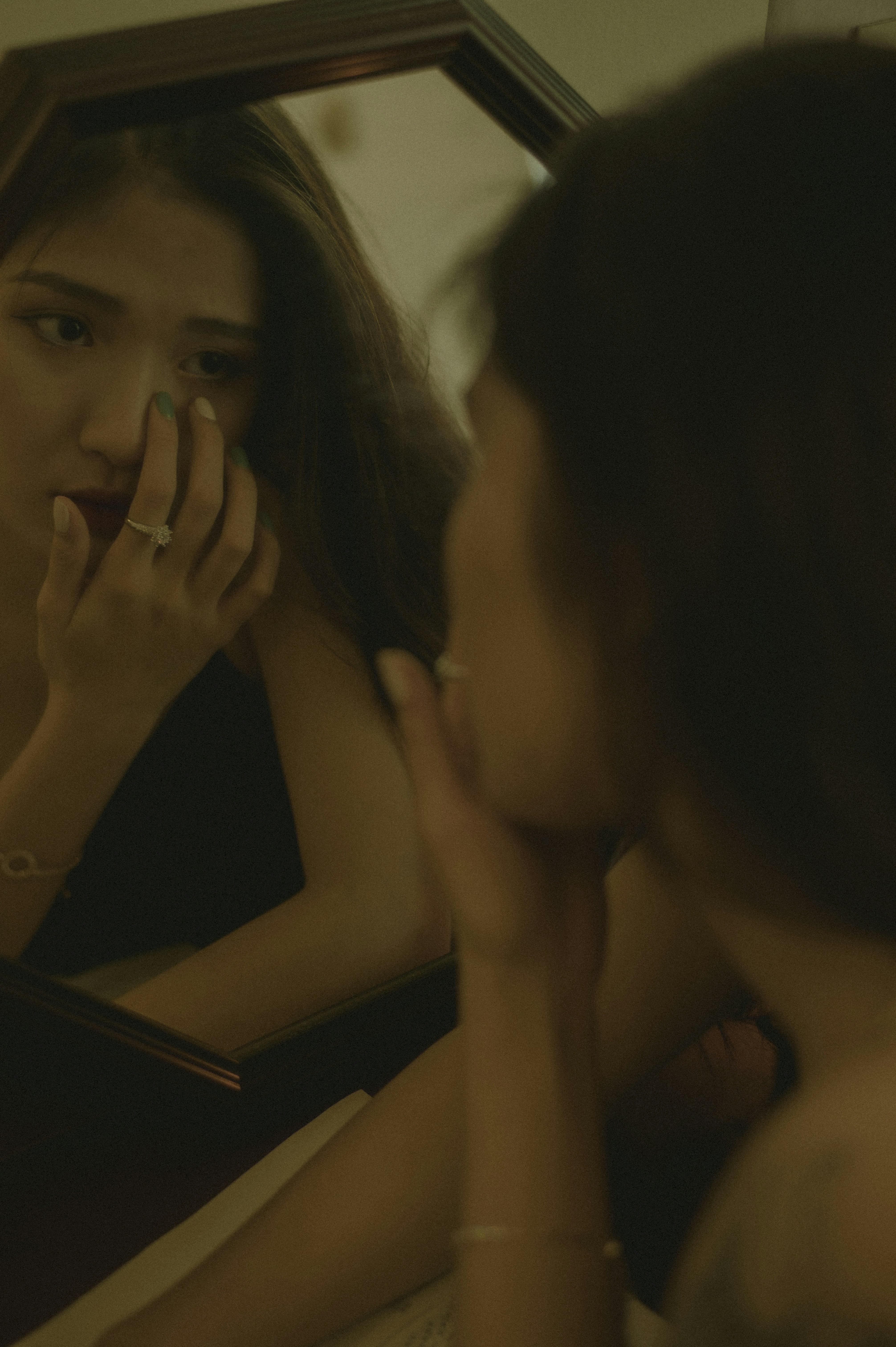 Mirrorveiled Gaze: Quiet Intimacy in a Dimly Lit Vanity