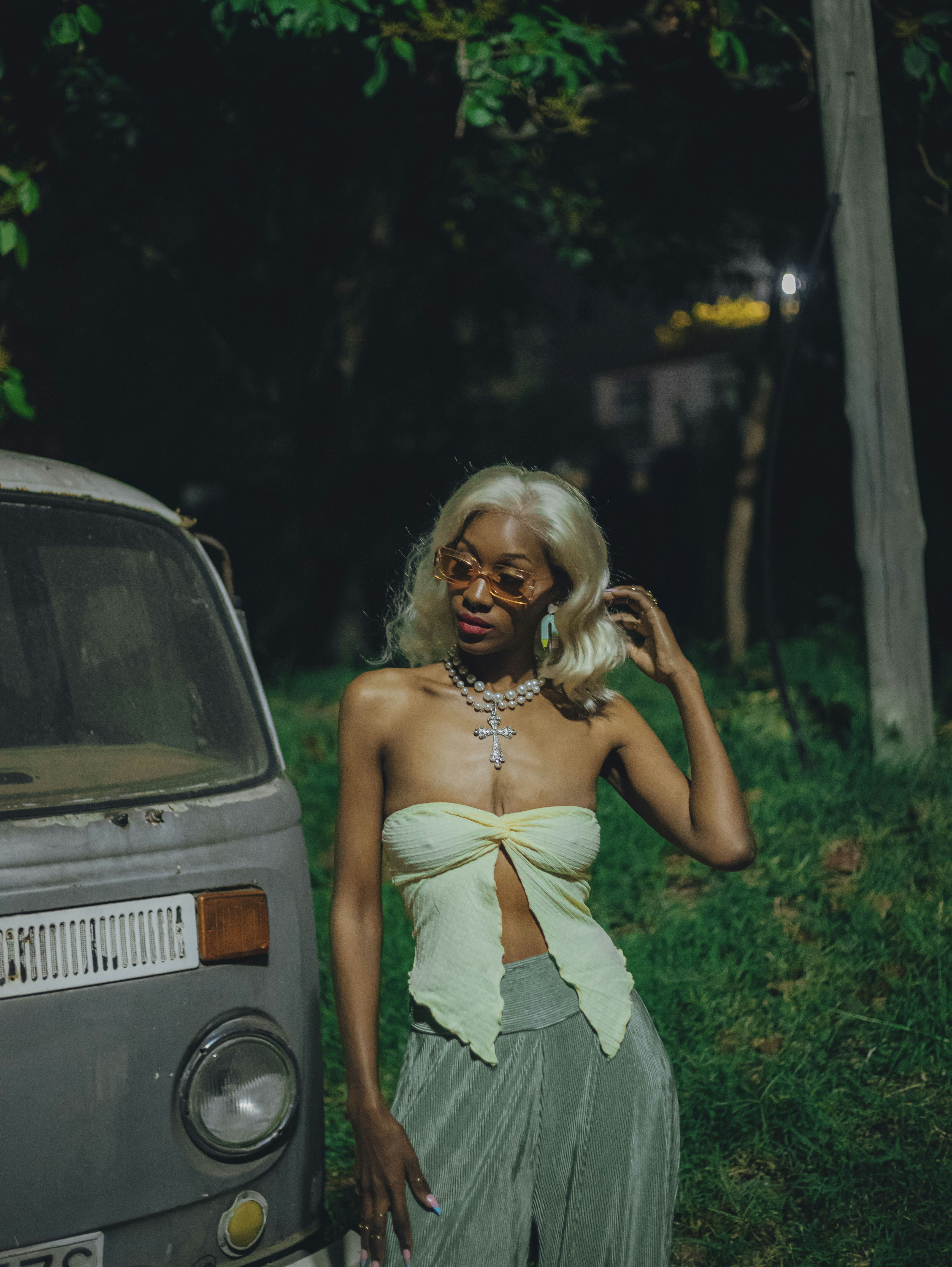 Golden Hour Glow: Neon-Chic Portrait by the Van