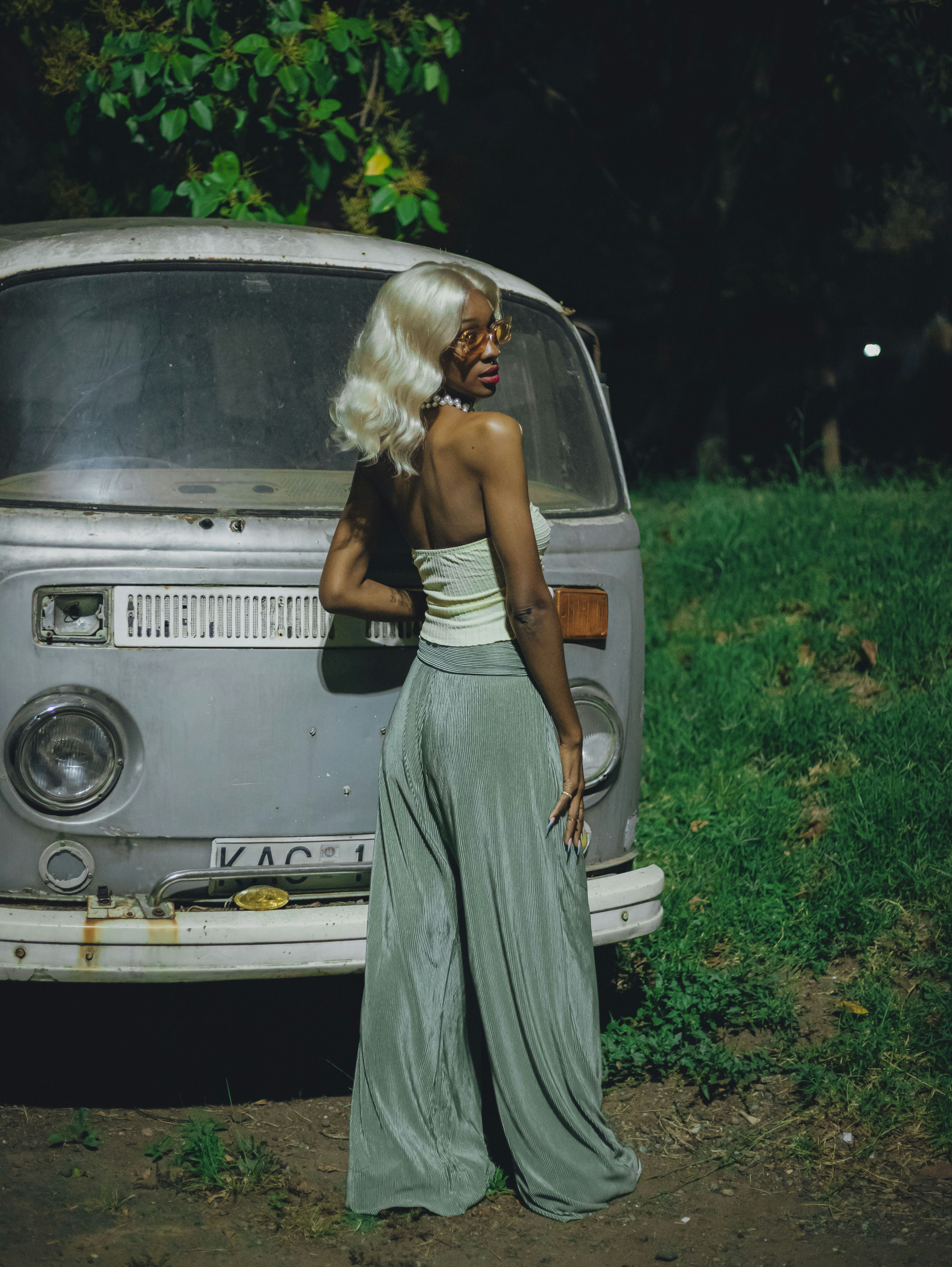 Blonde Velvet against a Weathered Van