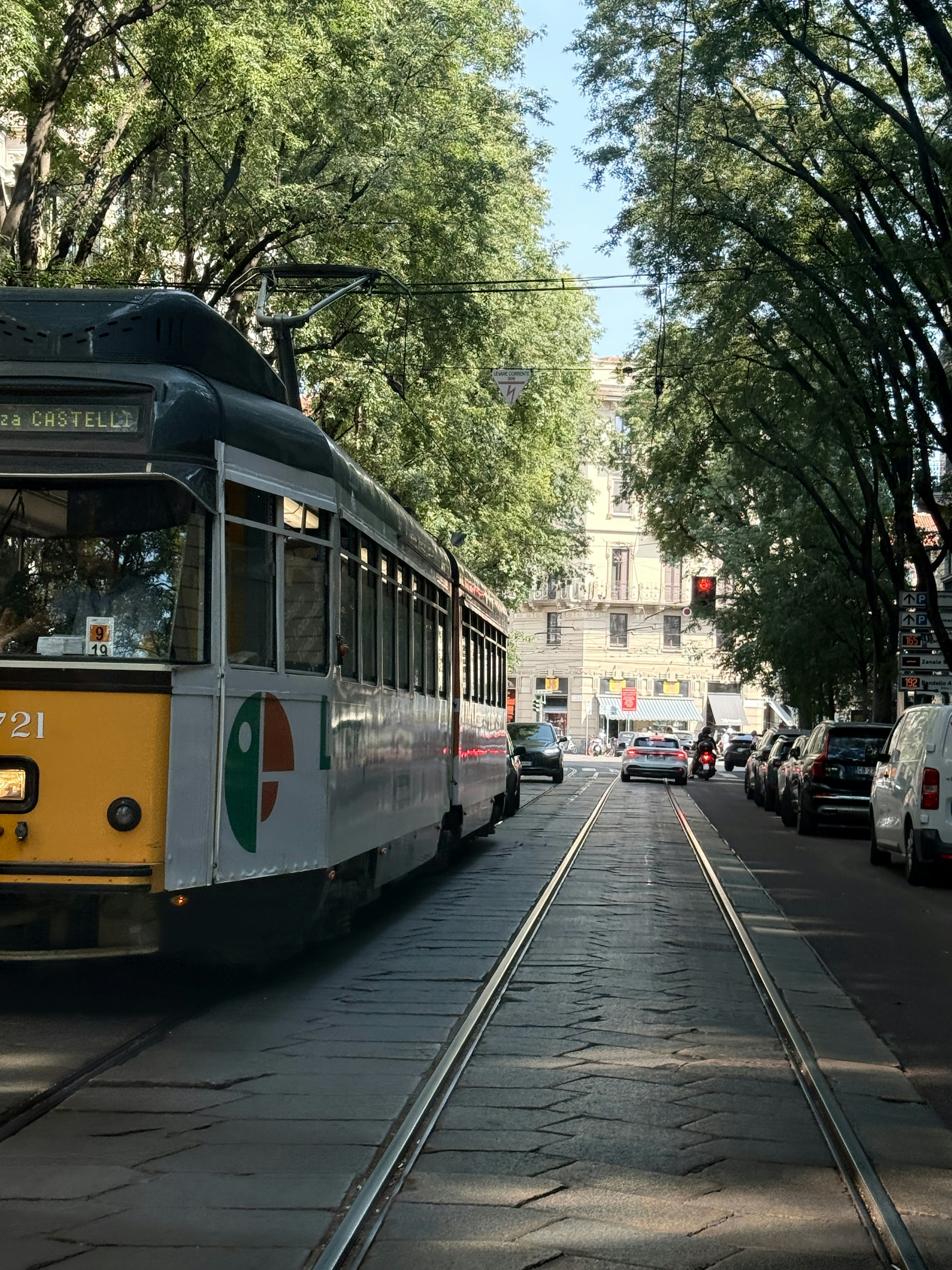 Tram Trace: A Quiet City Street Framed by Moving Steel