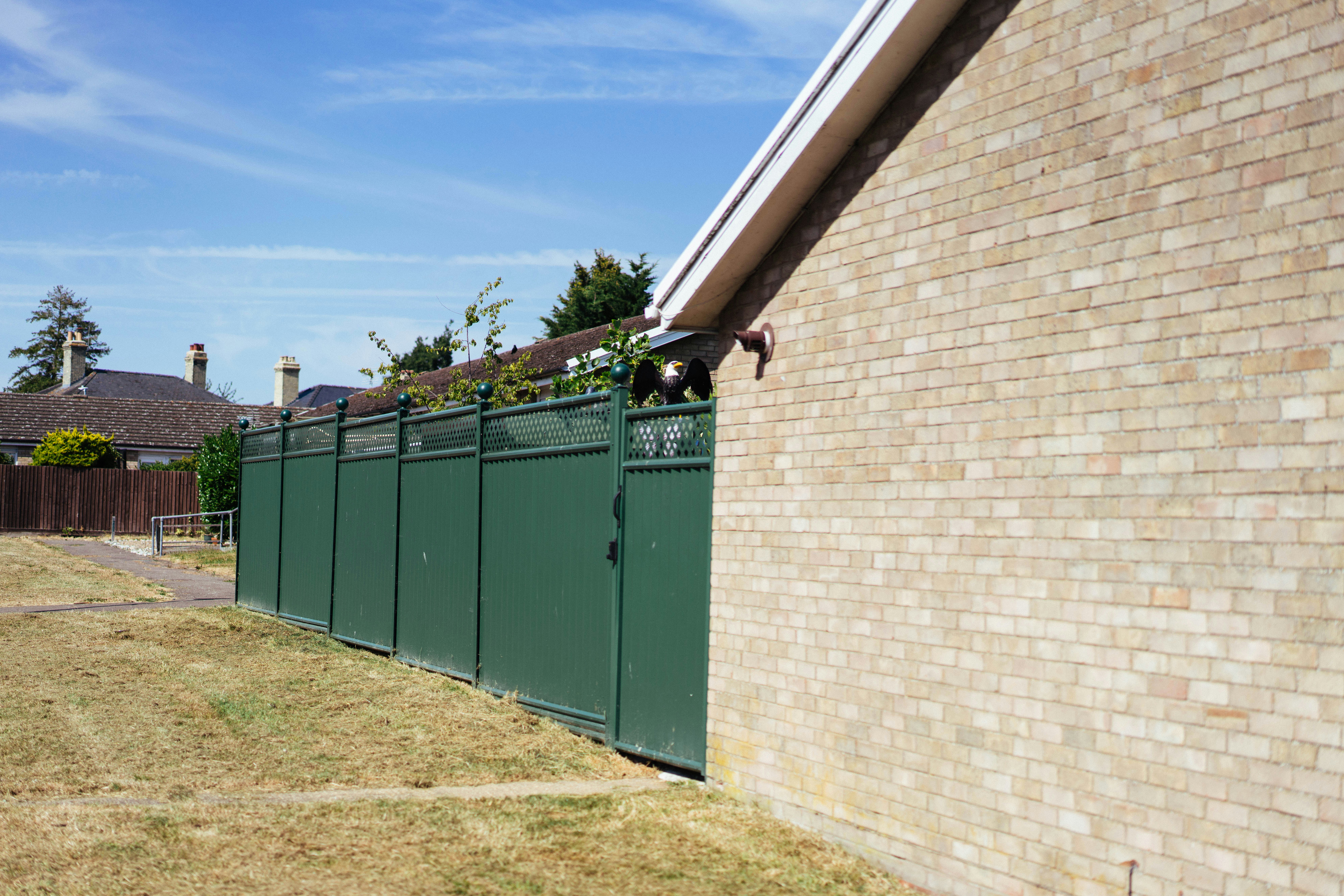 Green Gate and Brick Wall: Quiet Perimeter of a Suburban Yard