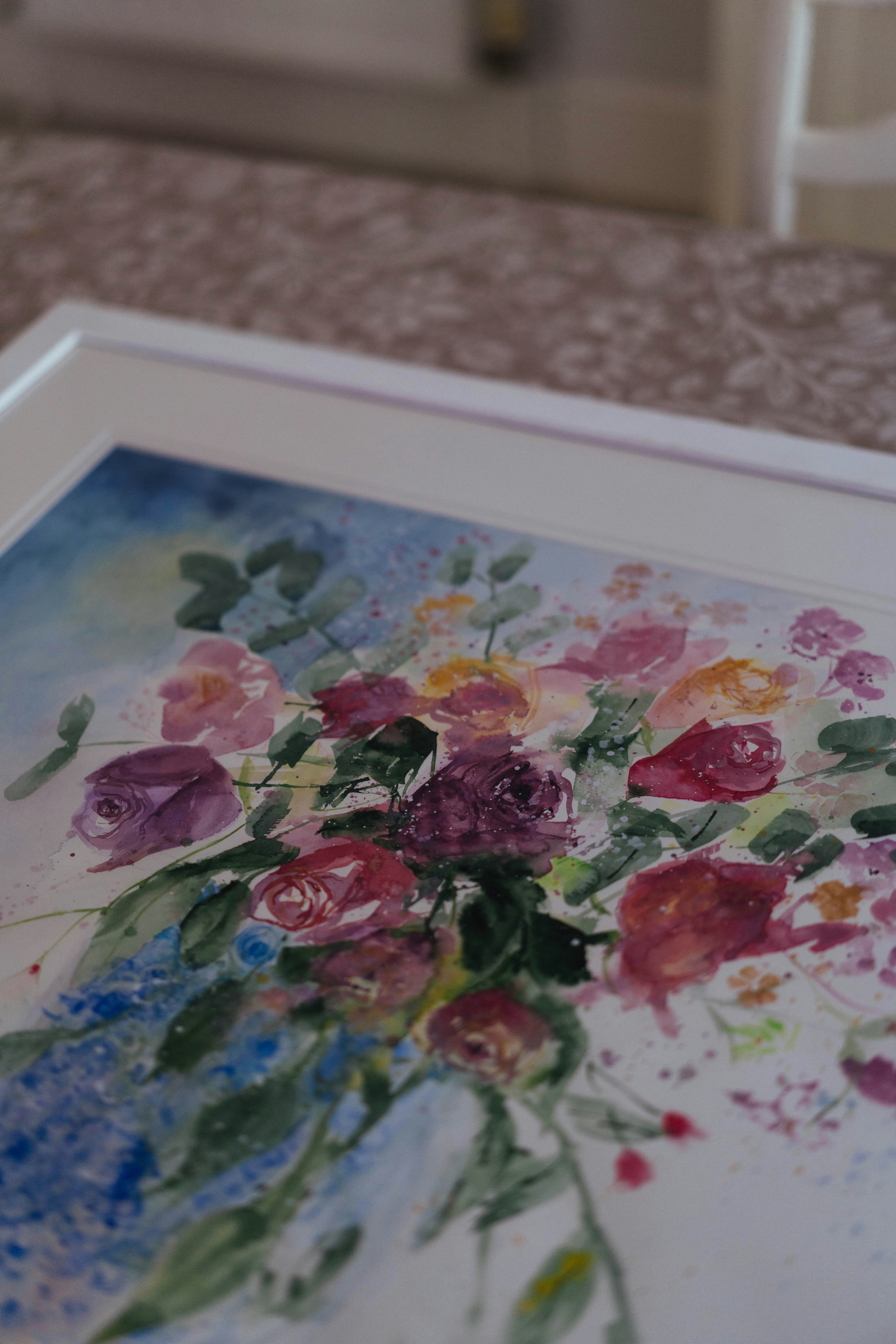 Watercolor Bouquet Framed: A Tie-Dyed Vase of Roses on the Floor