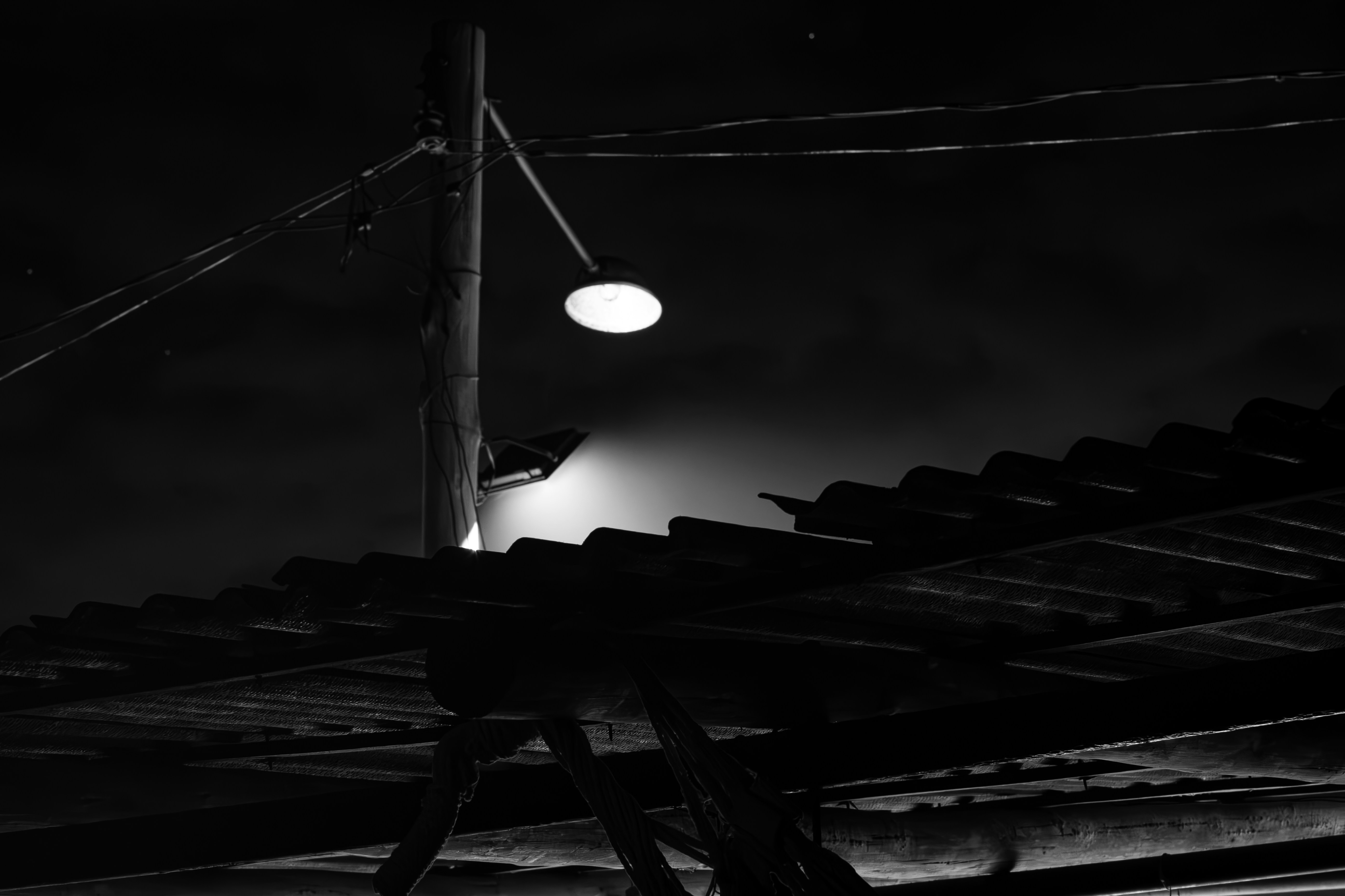 Moonlit Rooftops and Dim Streetlamp
