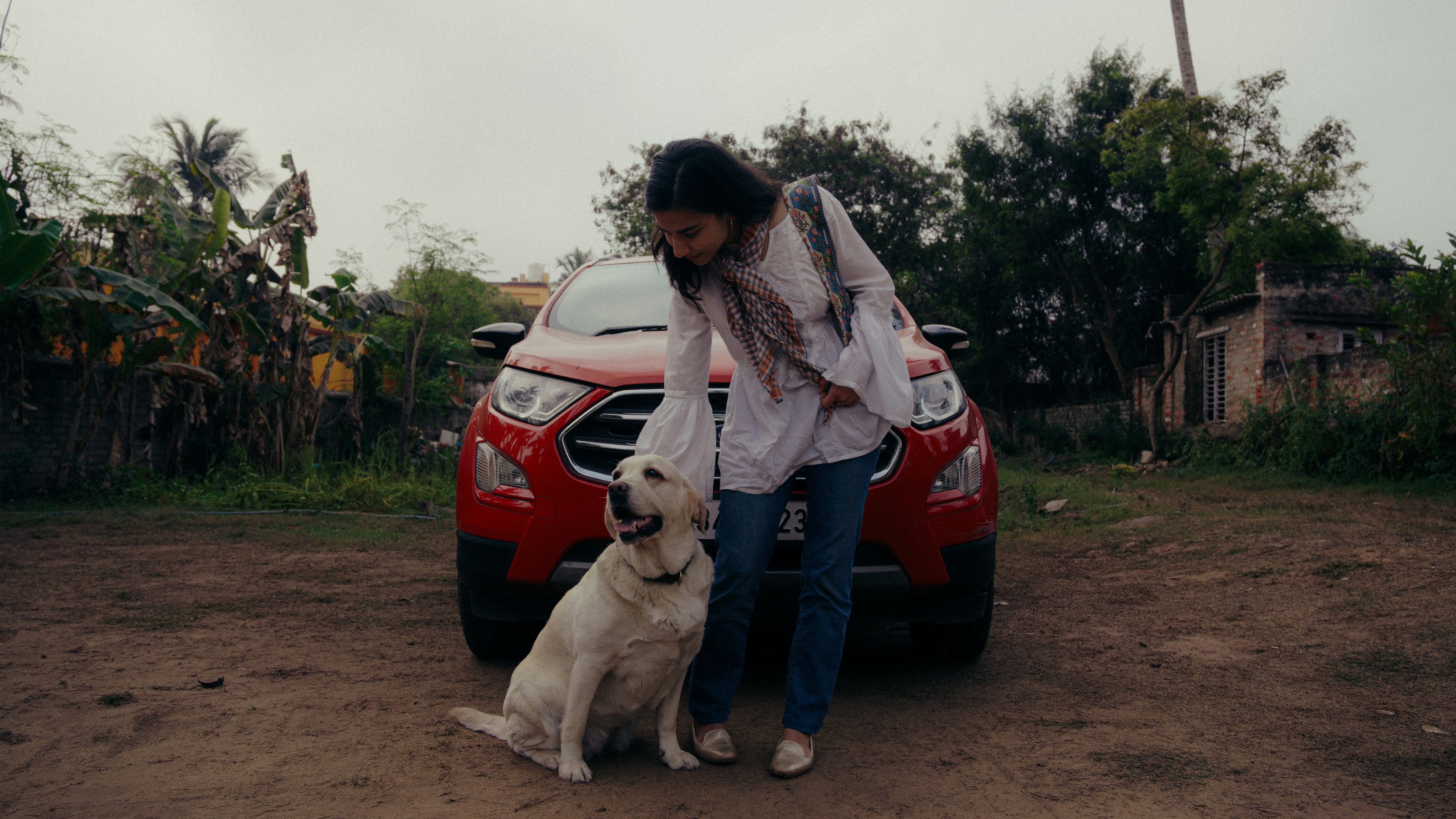 Hands-on Moment: A woman and a retriever beside a red car at dusk