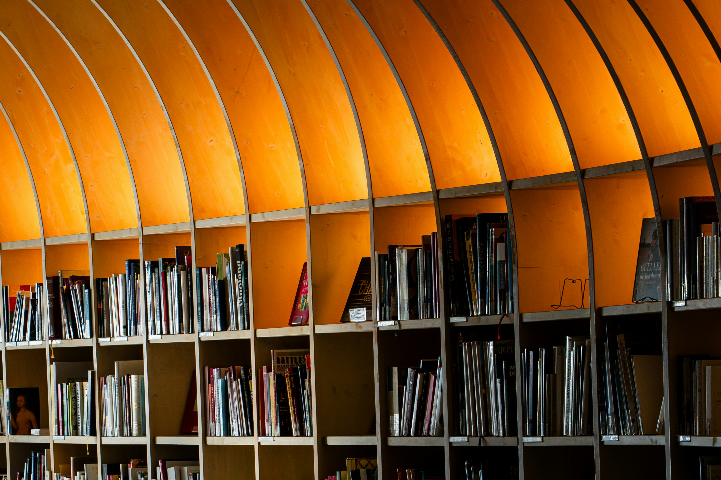 Curved amber arches over a quiet library shelf