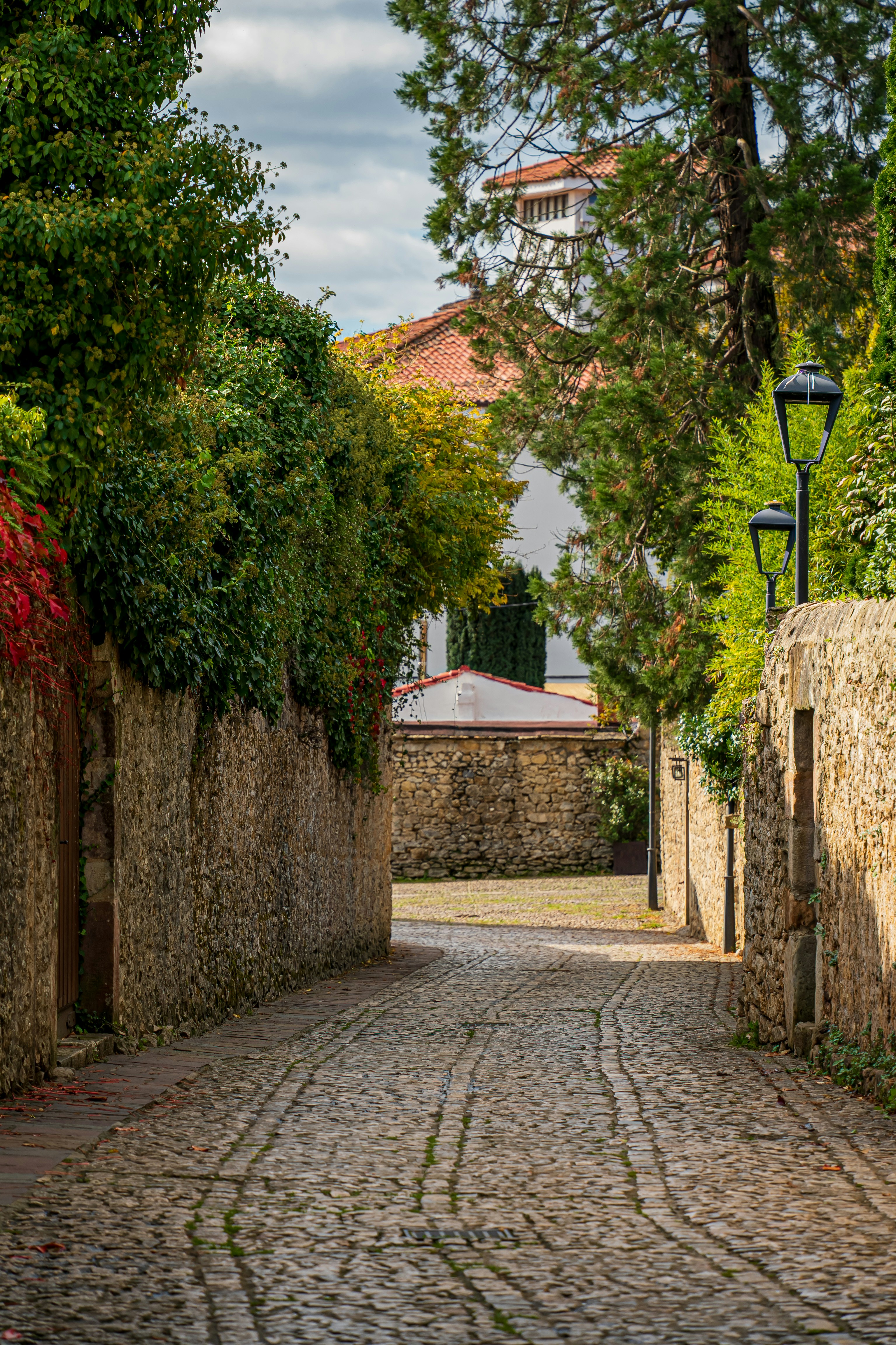 Quiet Cobbled Alley Framed by Stone Walls