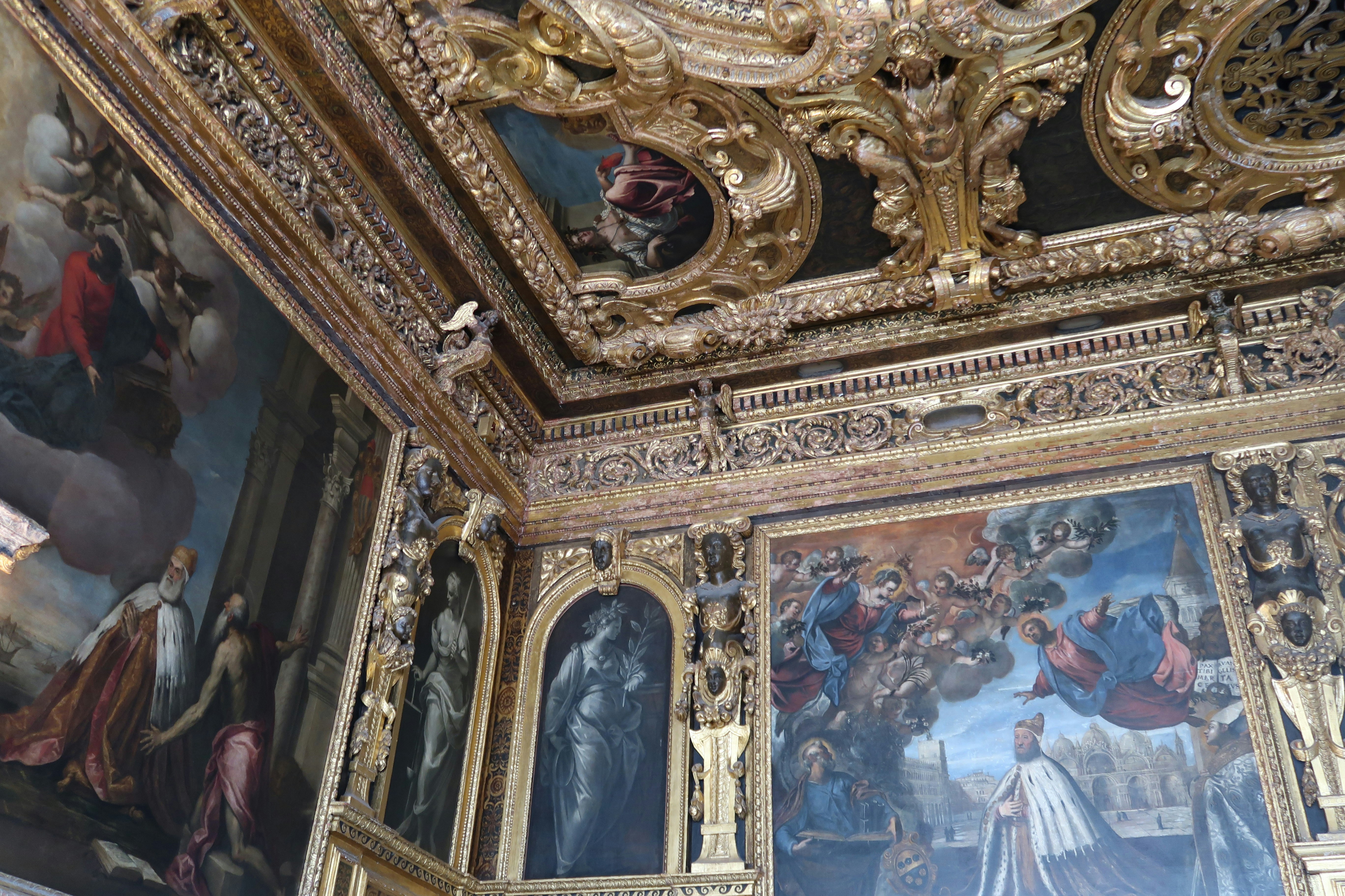 Gilded Reverie: Baroque Paintings Framed in Ornate Carved Ceiling